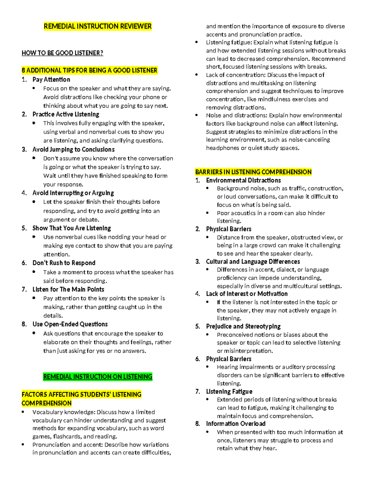 REM INS Reviewer Midterm - REMEDIAL INSTRUCTION REVIEWER HOW TO BE GOOD LISTENER? 8 ADDITIONAL ...