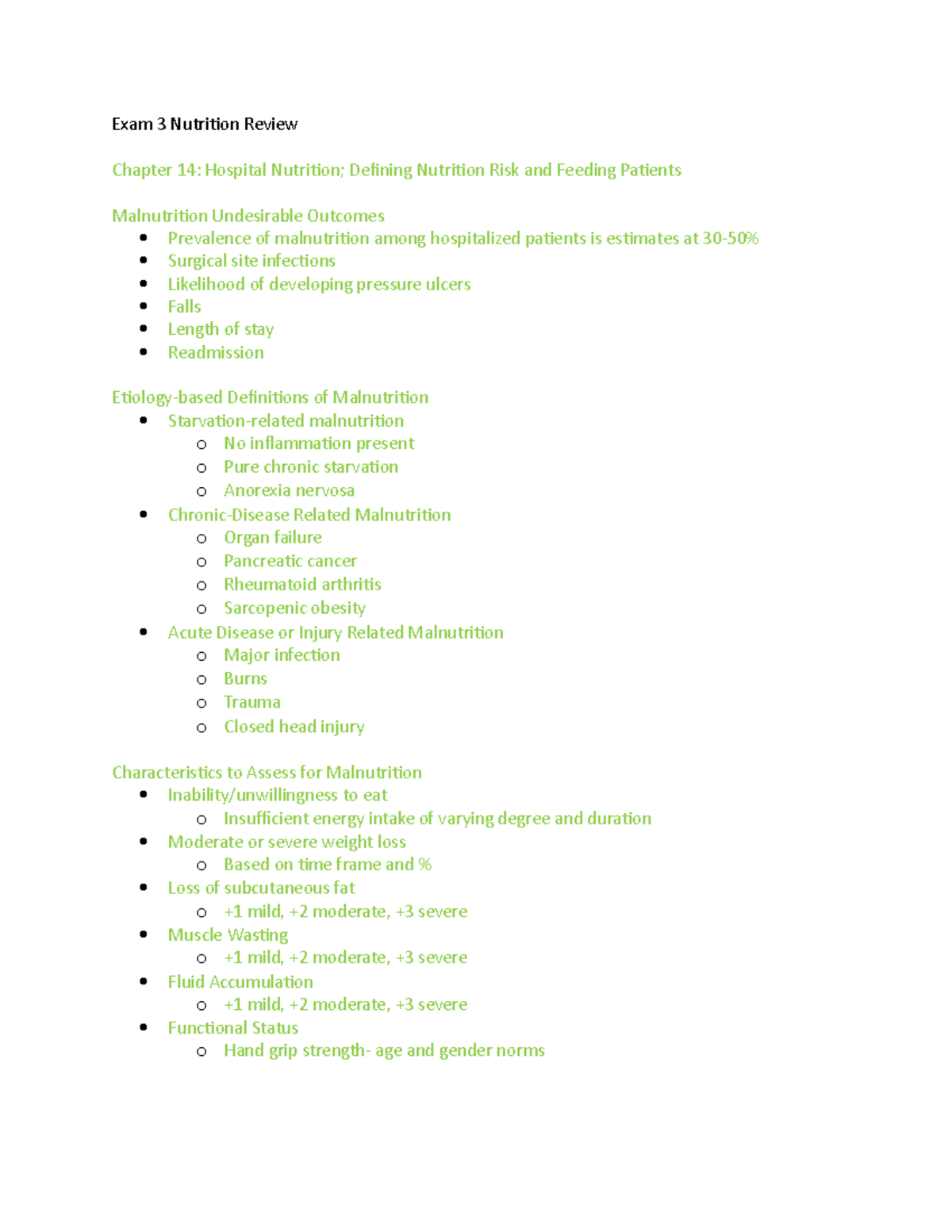Exam 3 Nutrition Review - Exam 3 Nutrition Review Chapter 14: Hospital ...