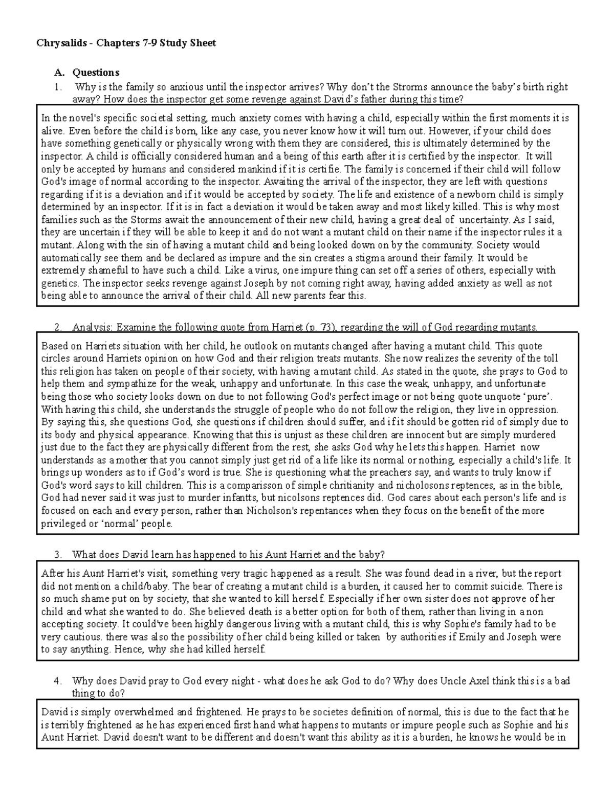 Chrysalids - Chapters 7 - 9 Study Sheet - Questions Why is the family ...