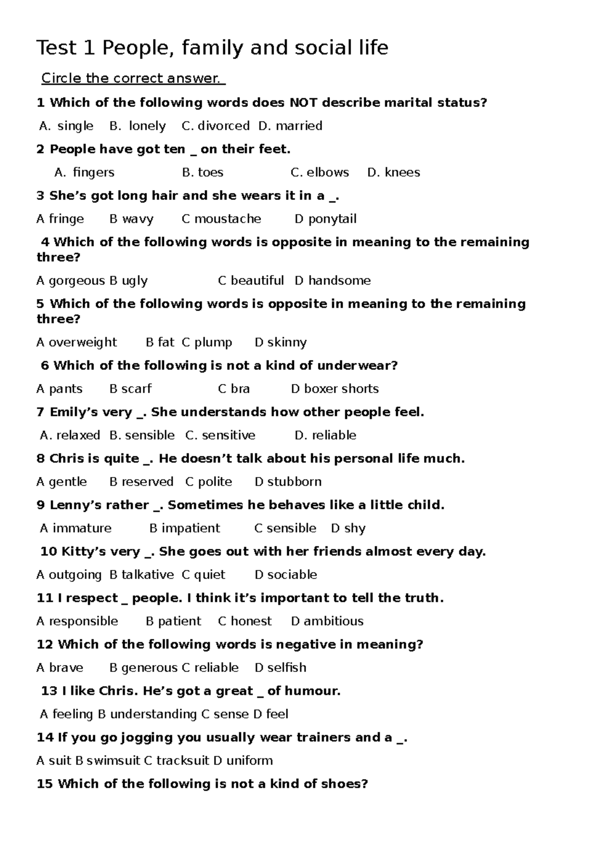 Test People Family and Social Life - lectura y escrituras academicas ...