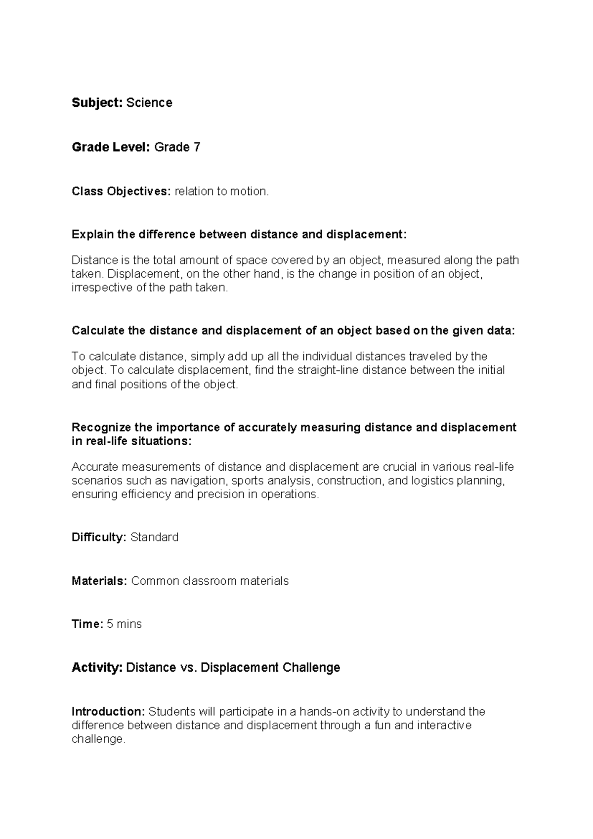 Activity - Subject: Science Grade Level: Grade 7 Class Objectives ...