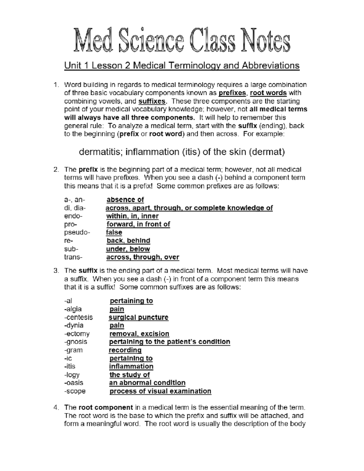 Unit 1 Lesson 2 Medical Terminology - Med Science Class Notes Unit 1 ...