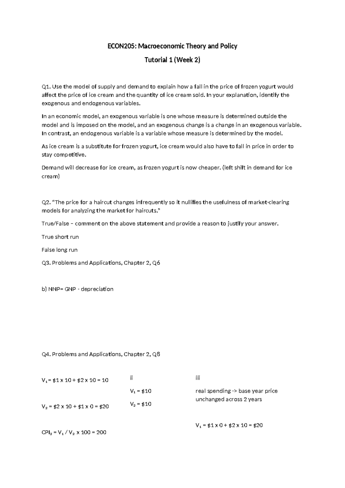 ECON205 Tute 1 - ECON205: Macroeconomic Theory and Policy Tutorial 1 ...