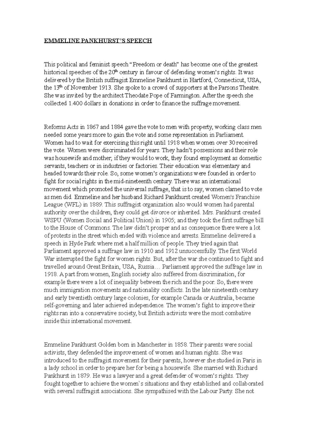 Emmeline Pankhurst - Comentario de texto - EMMELINE PANKHURST’S SPEECH ...