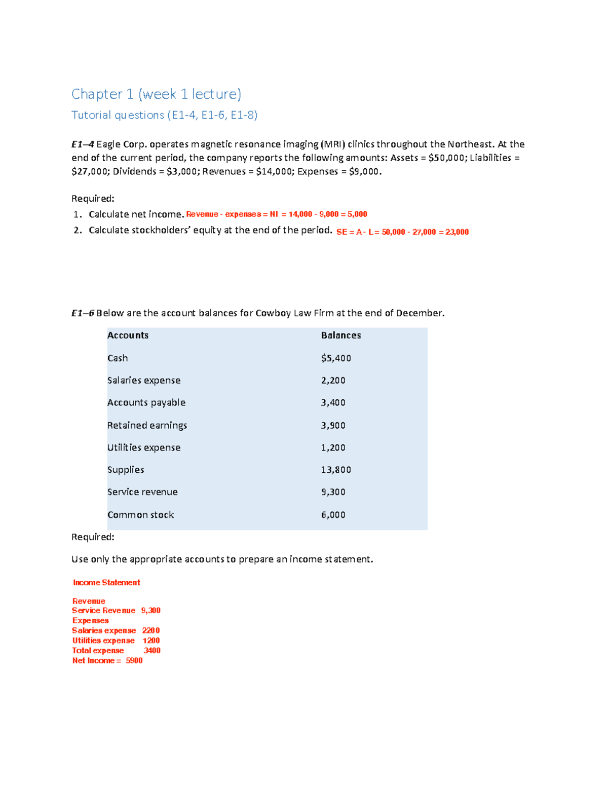 Week 1 topic tutorial question & answers - Chapter 1 (week 1 lecture) Tutorial questions (E1-4 ...