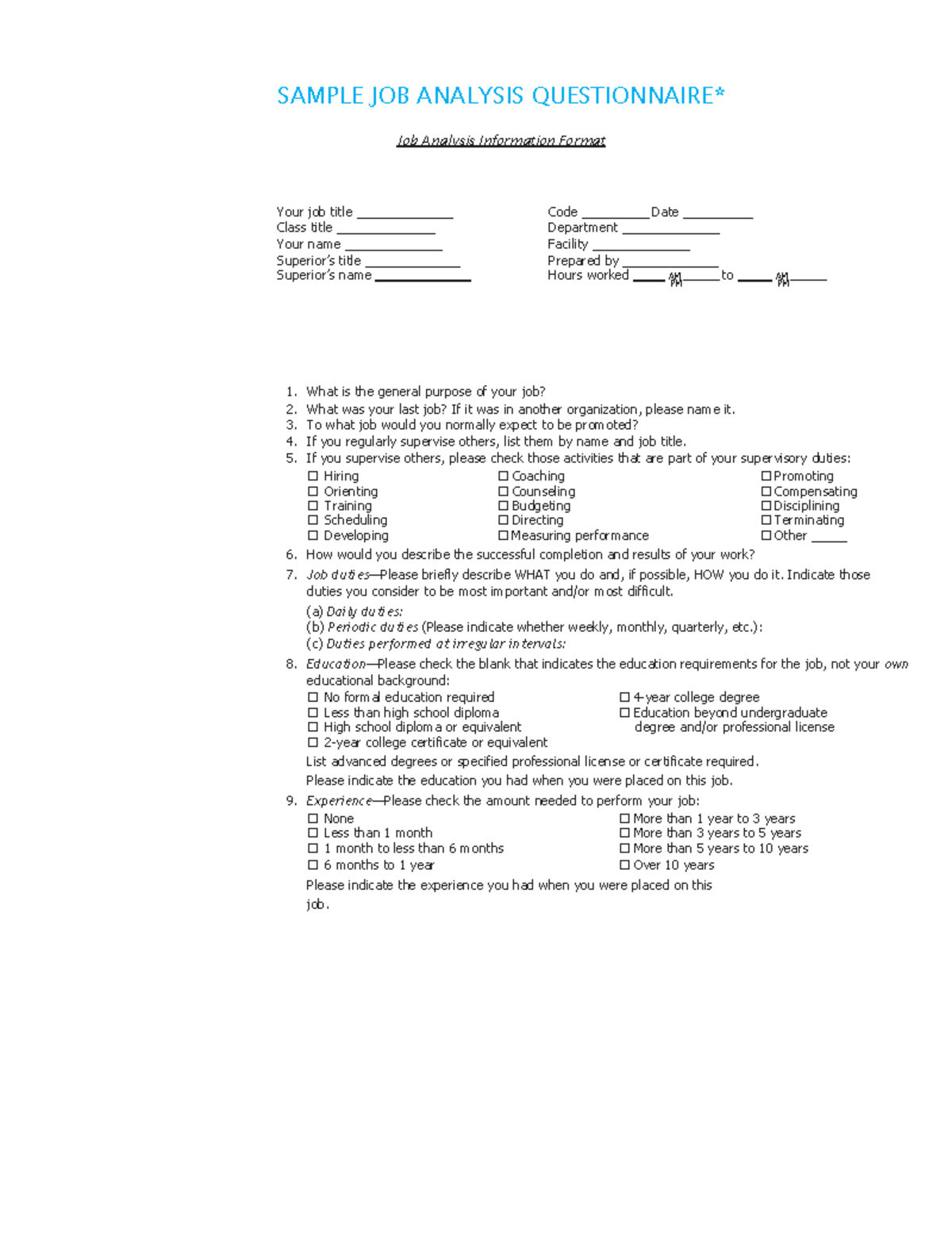 Sample Job Analysis - SAMPLE JOB ANALYSIS QUESTIONNAIRE* Job Analysis ...
