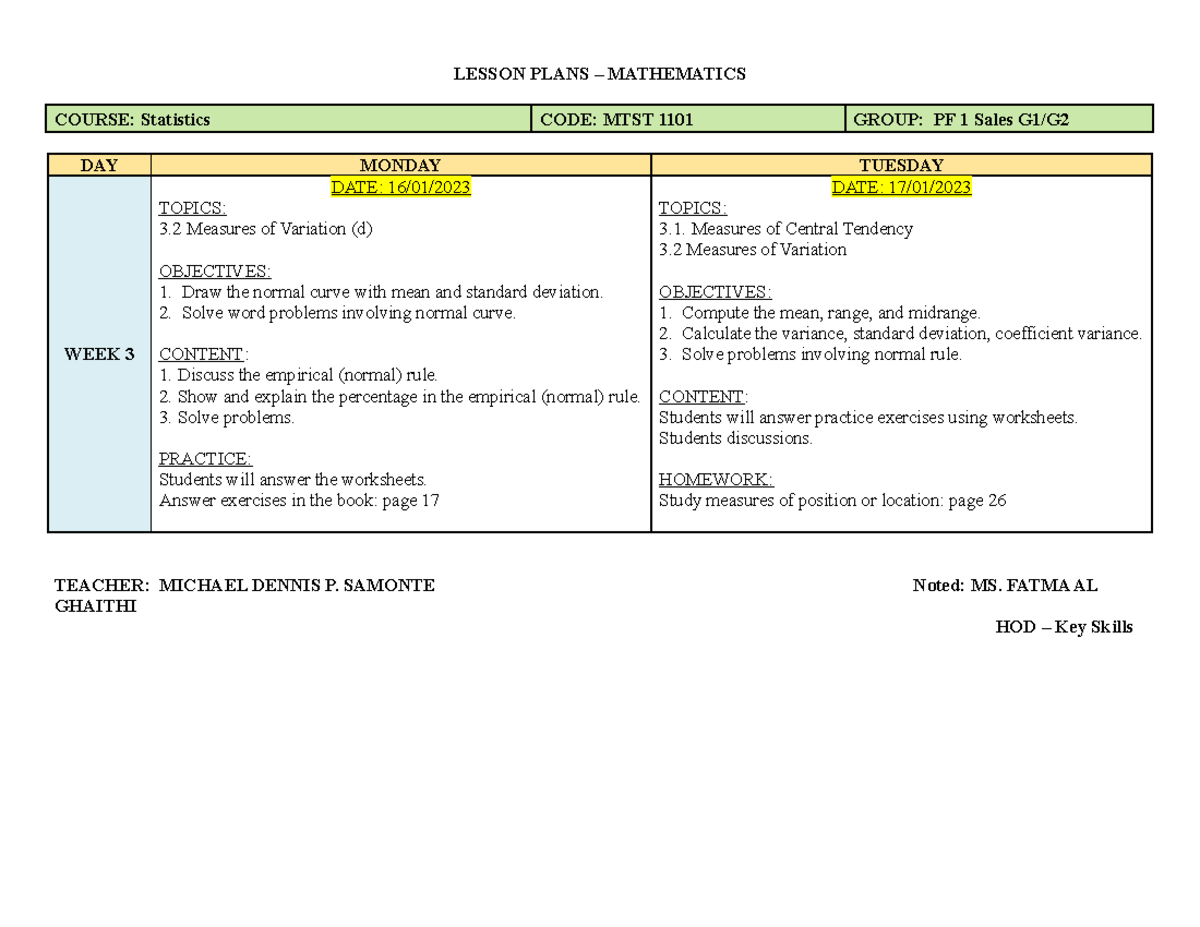 WEEK 3 Lesson Plan - LESSON PLANS – MATHEMATICS COURSE: Statistics CODE ...