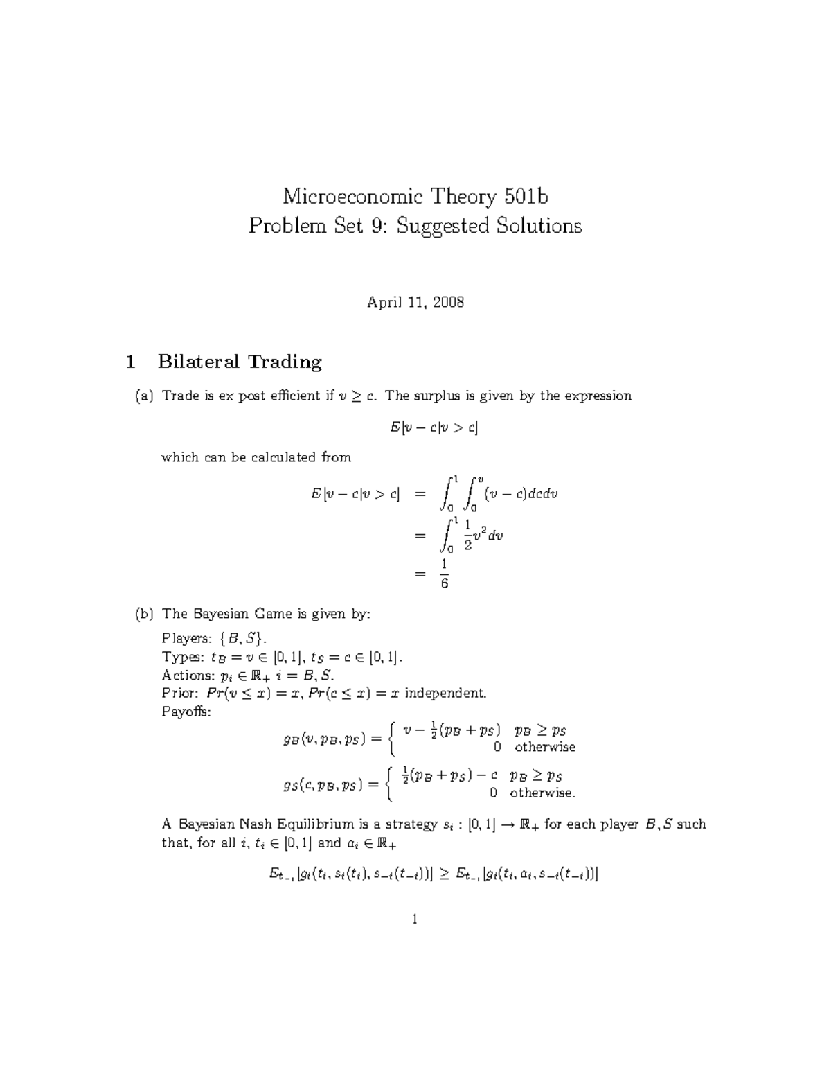 Seminar assignments - Homework 9 solution - Microeconomic Theory 501b Problem Set 9: Suggested ...