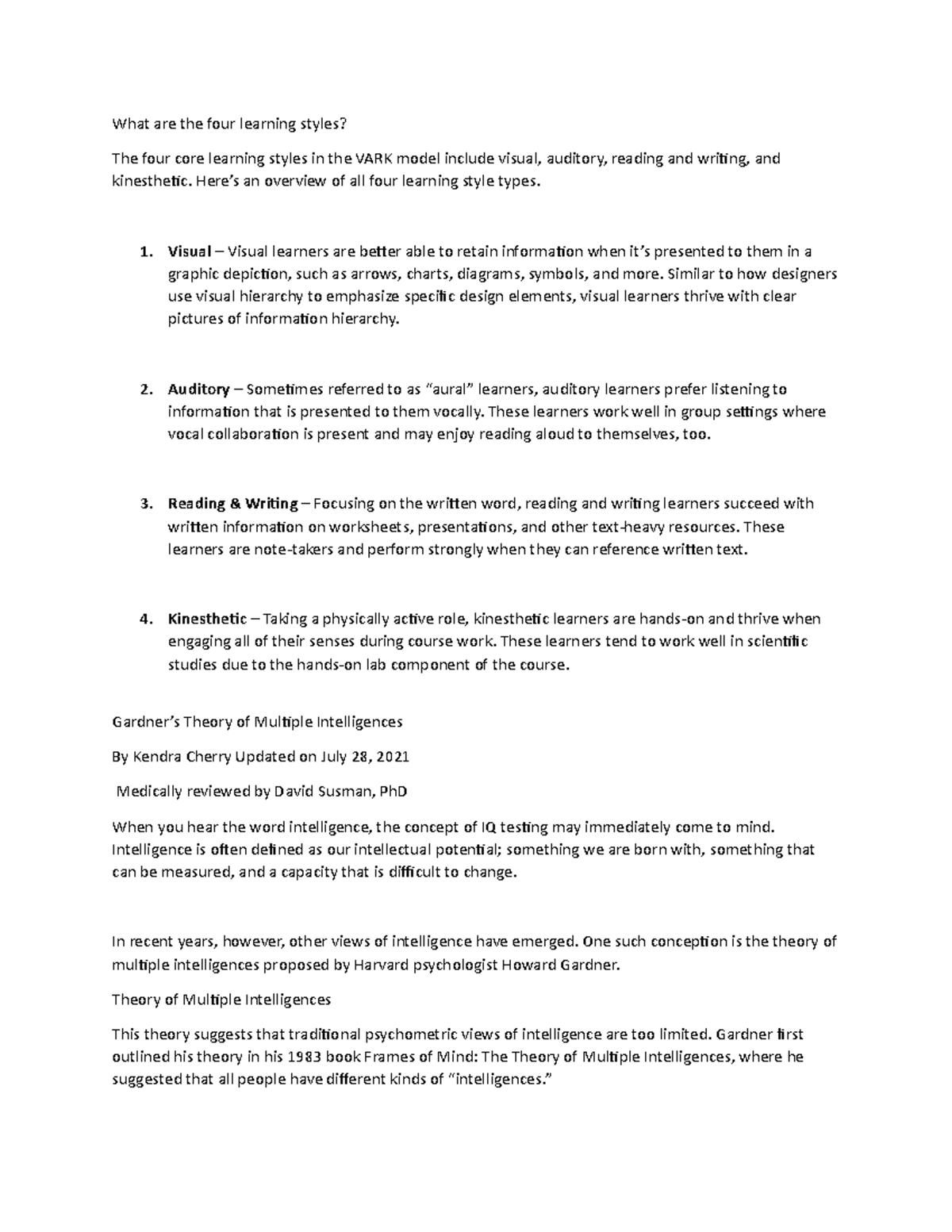 Learning Styles And Gardners What Are The Four Learning Styles The
