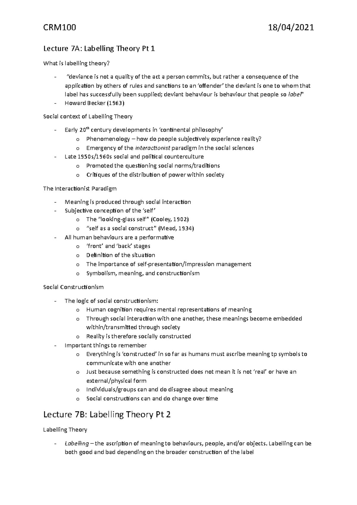 Lecture 7A-7C Notes CRM100 - CRM100 18/04/ Lecture 7A: Labelling Theory ...