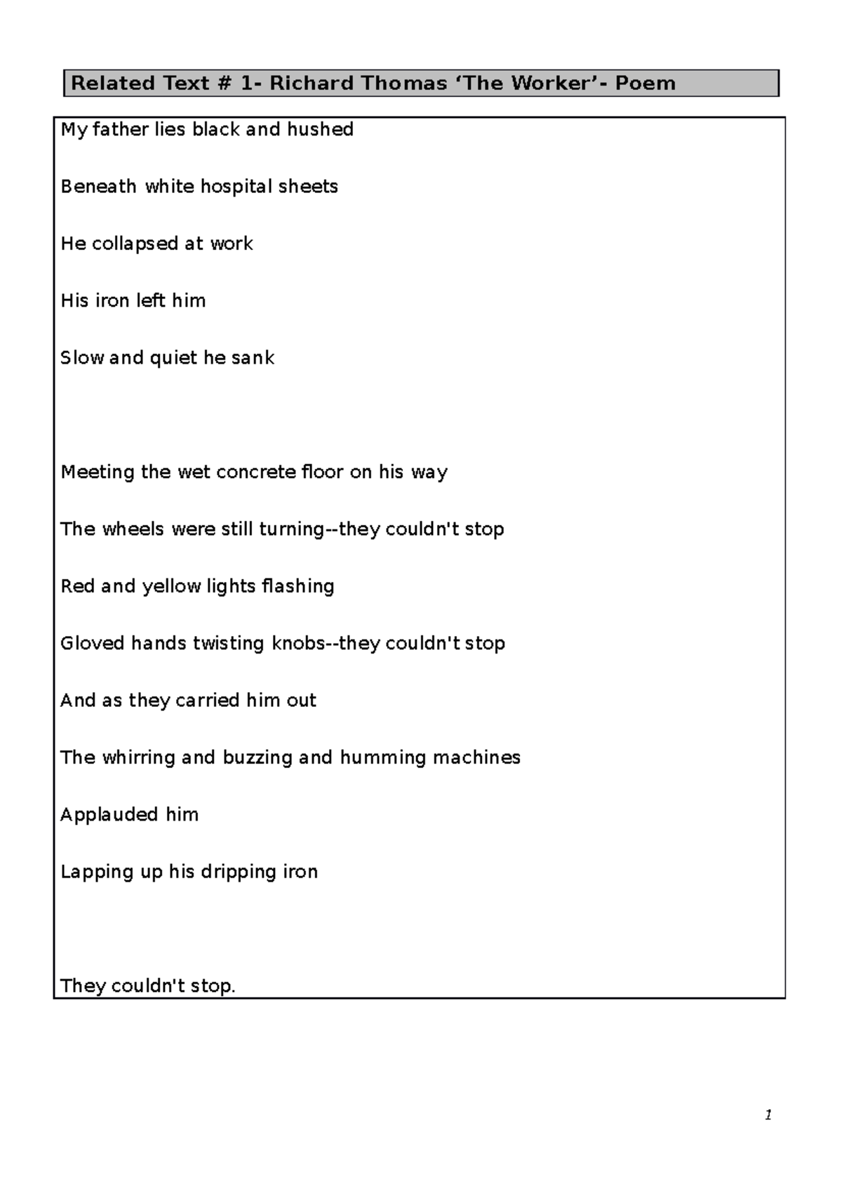 Aus lit 2 - Related Text #1- Richard Thomas ‘The Worker’ poem - Related ...