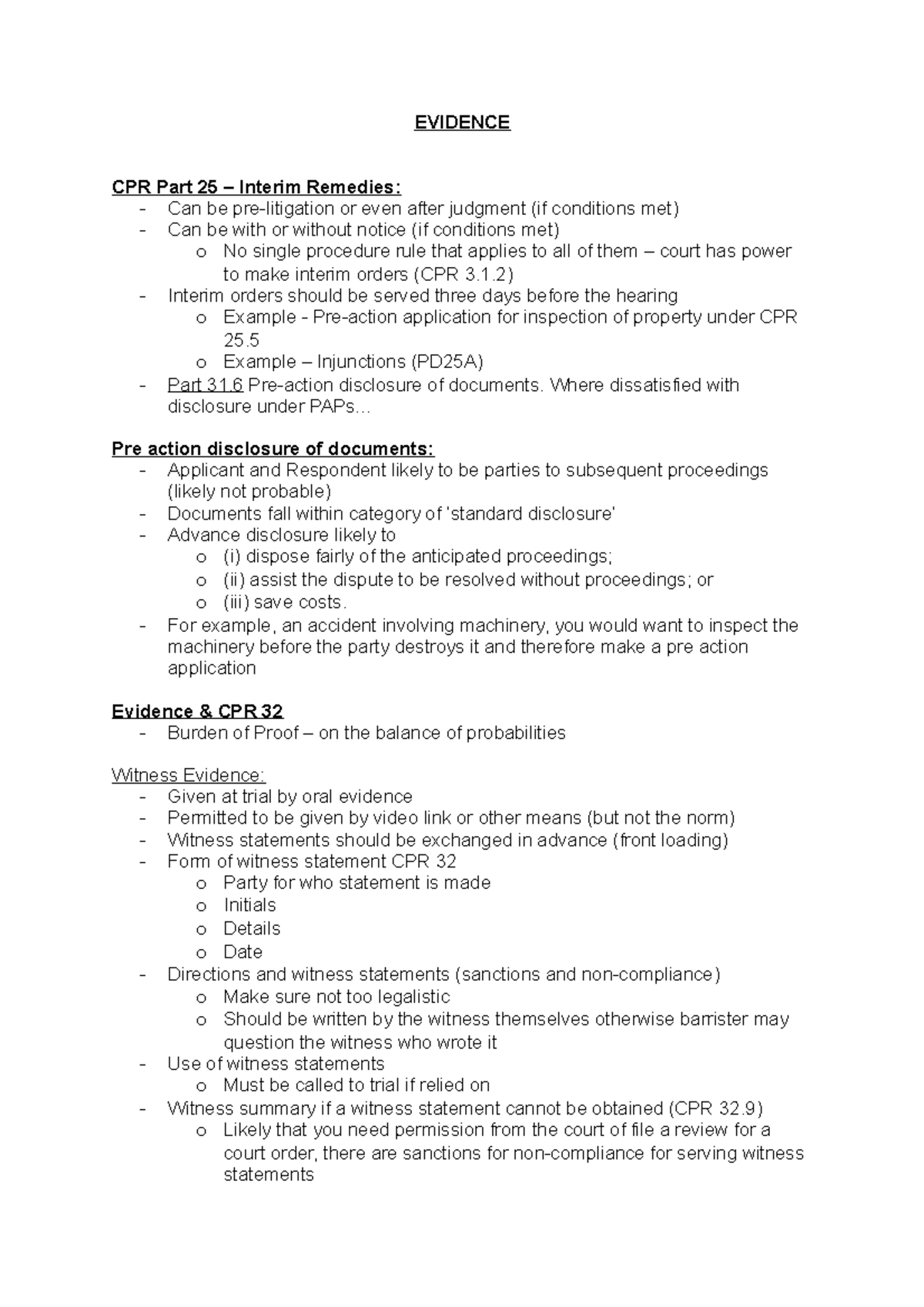 6 - Evidence - EVIDENCE CPR Part 25 – Interim Remedies: - Can be pre ...