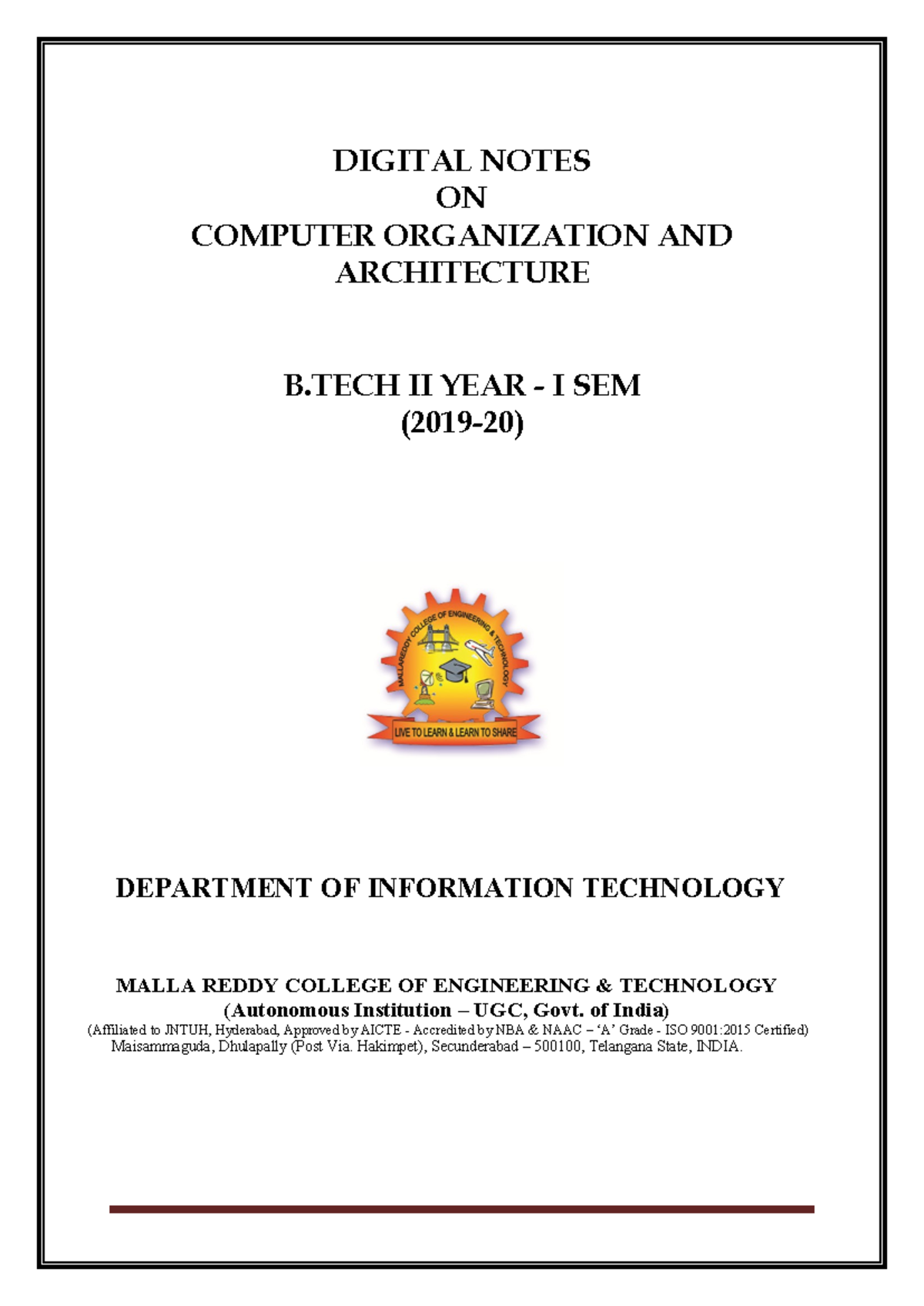 Computer Organisation & Architecture - DIGITAL NOTES ON COMPUTER ...