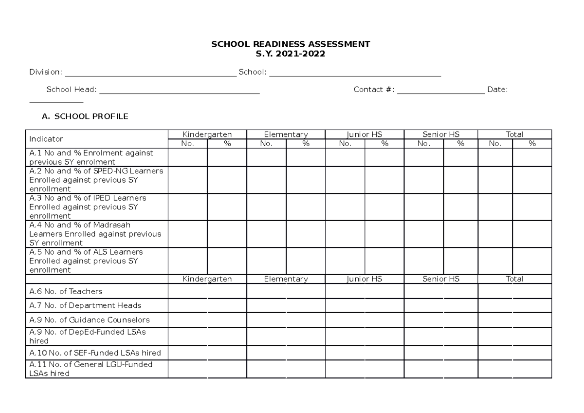 Grade-4 School- Readiness- Assessment - SCHOOL READINESS ASSESSMENT S ...