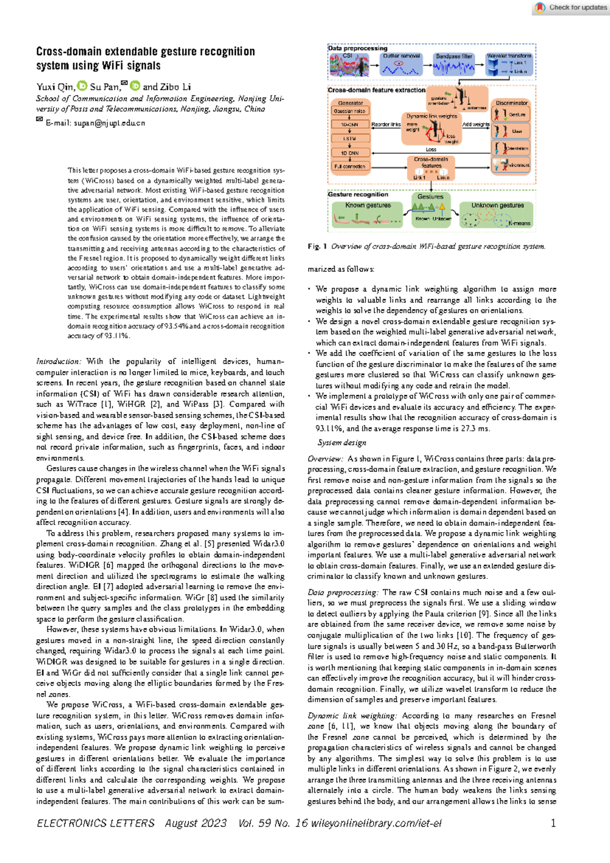 Electronics Letters - 2023 - Qin - Cross‐domain extendable gesture recognition system using Wi ...