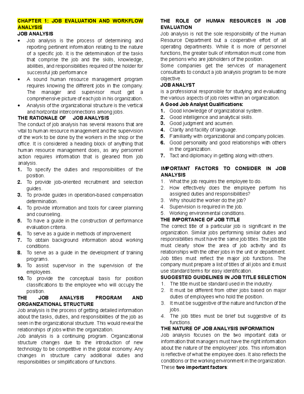 HRM- Reviewer - CHAPTER 1: JOB EVALUATION AND WORKFLOW ANALYSIS JOB ...