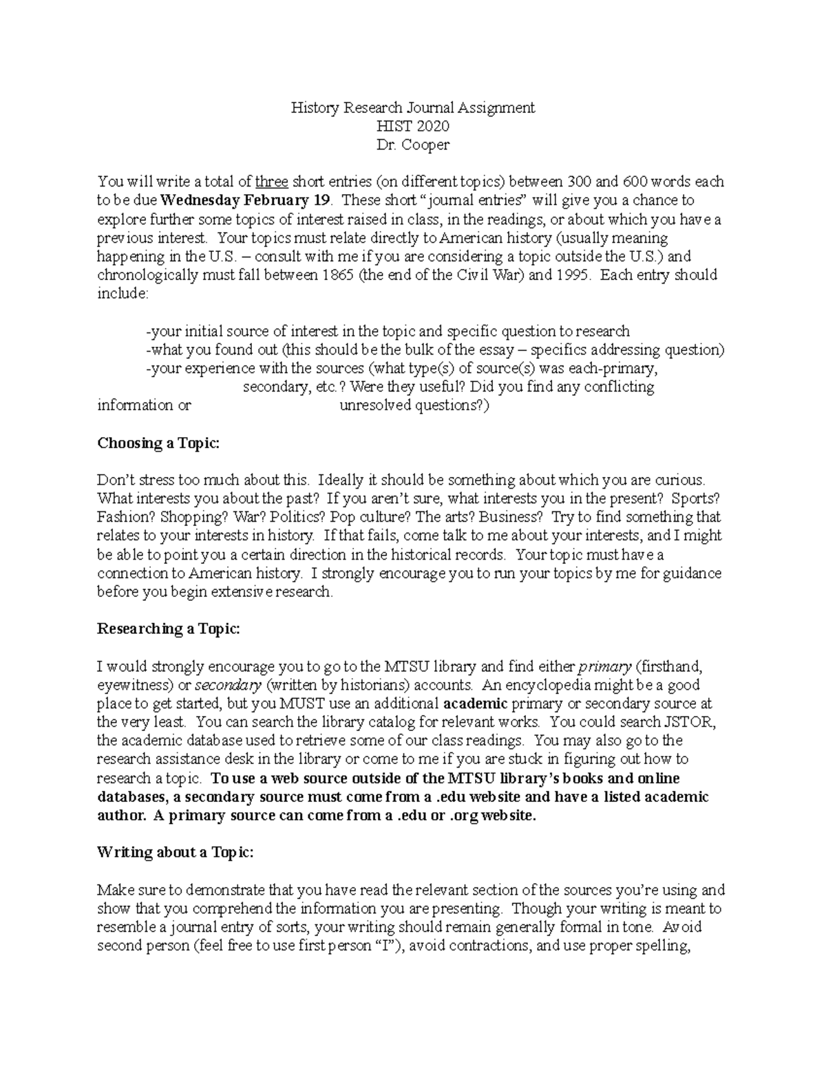 History Research Journal Assignment 2020 - HIST 2010 - MTSU - Studocu