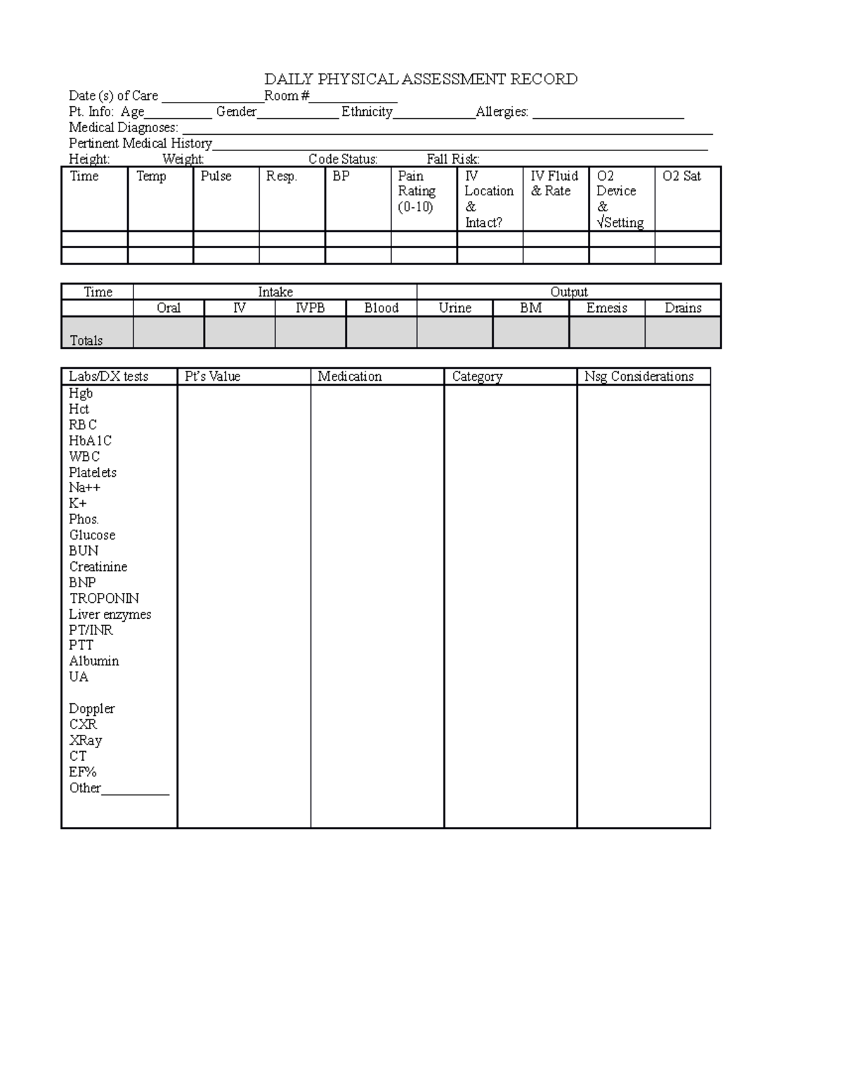 Clinical III Daily Physical Assessment Record - DAILY PHYSICAL ...