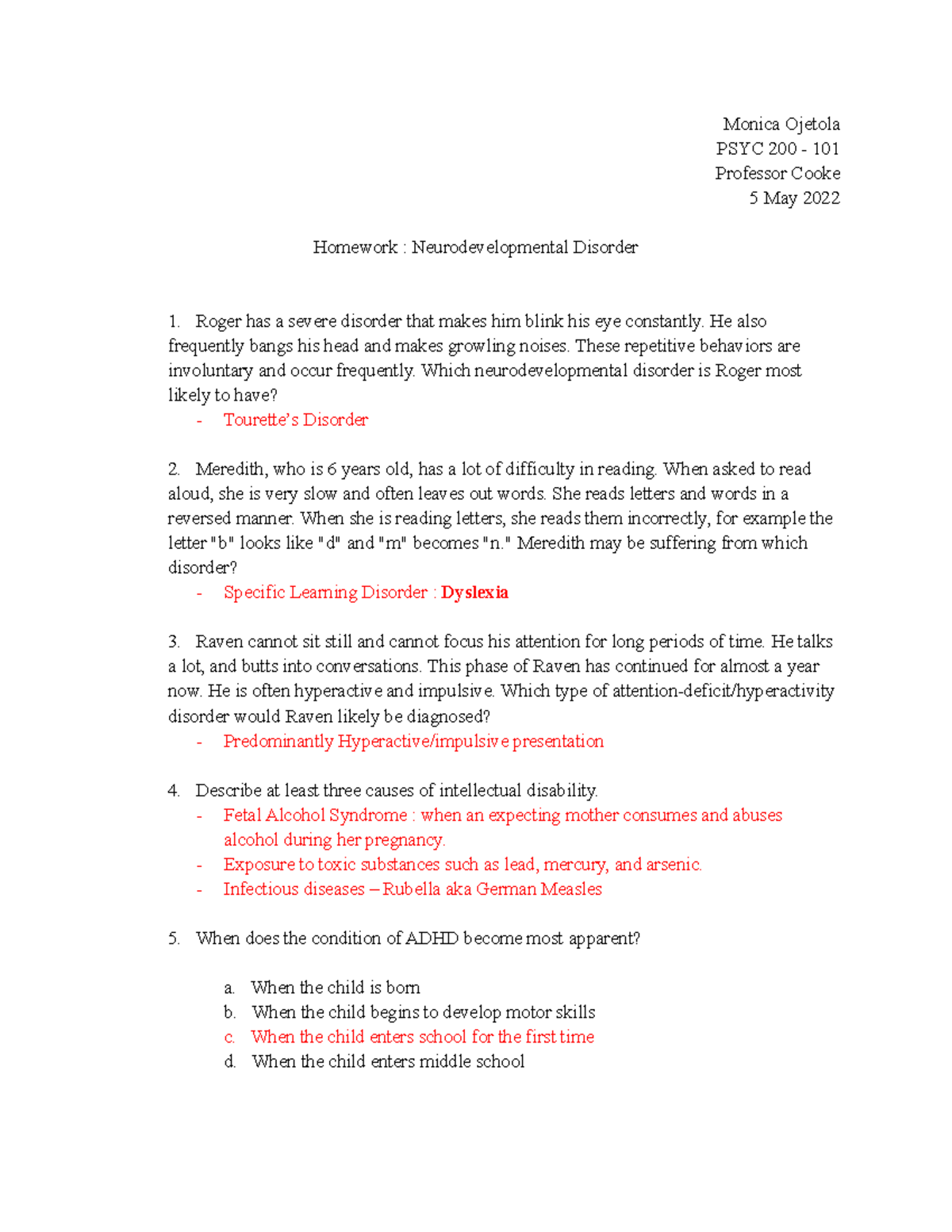 Neurodevelopment Disorder HW - Monica Ojetola PSYC 200 - 101 Professor ...