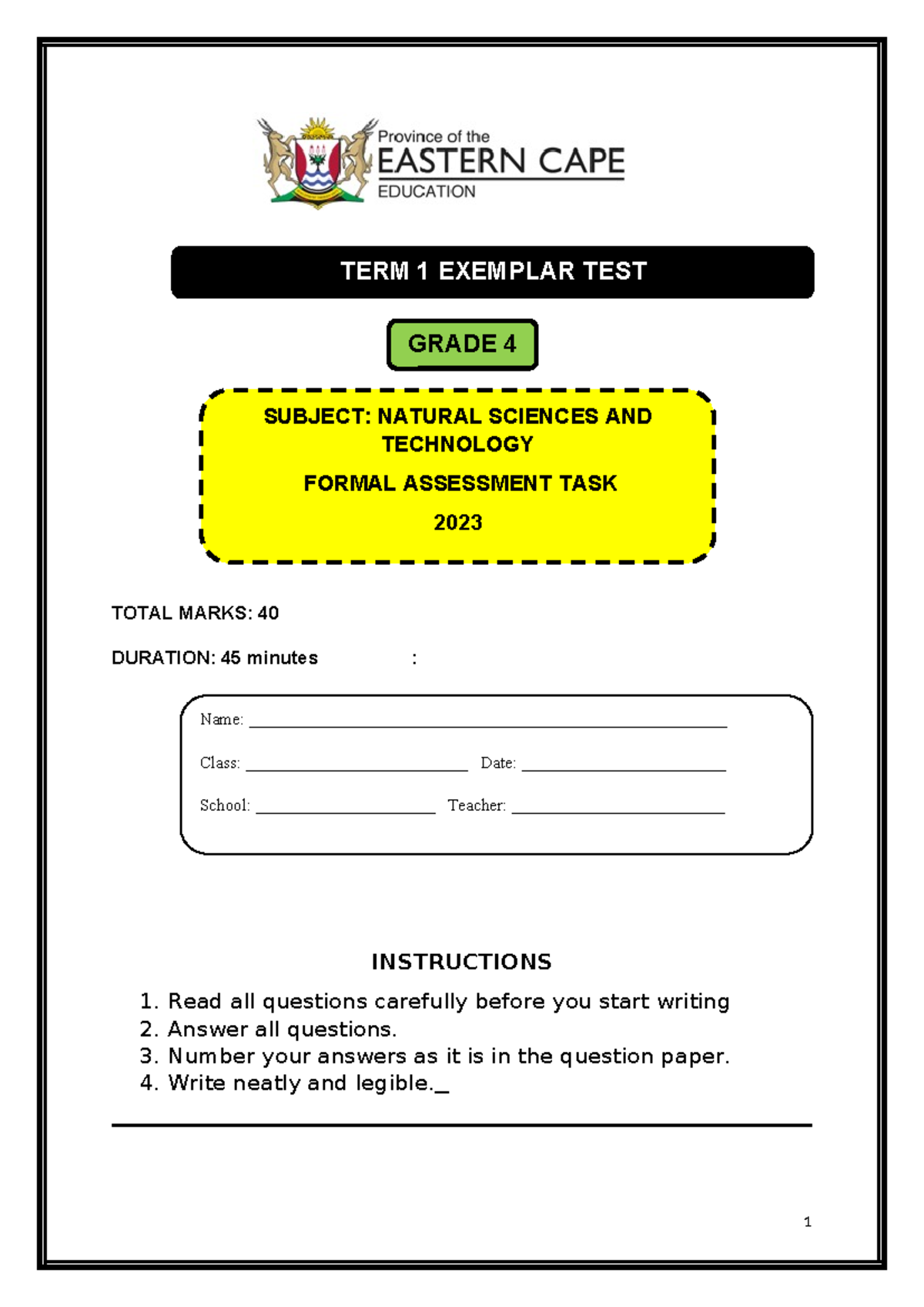 Edited 2022 NS Grade 4 TERM 1 TEST DONE - TOTAL MARKS: 40 DURATION: 45 ...