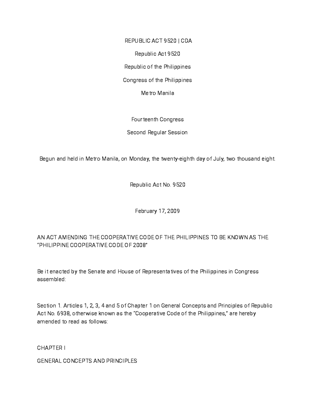 Republic ACT 9520 - COOPERATIVE CODE - REPUBLIC ACT 9520 | CDA Republic ...