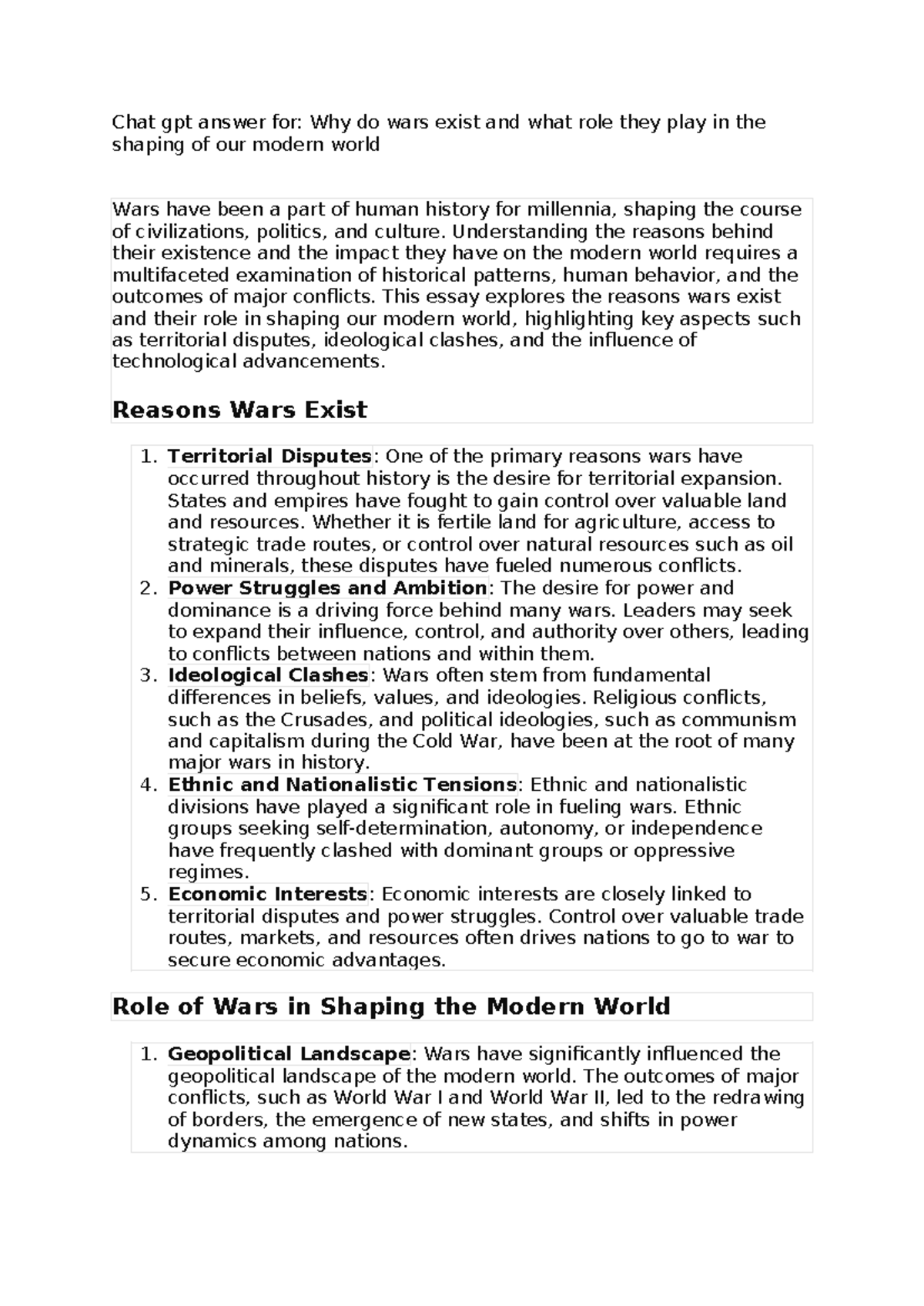 Studoc - Chat gpt answer for: Why do wars exist and what role they play ...