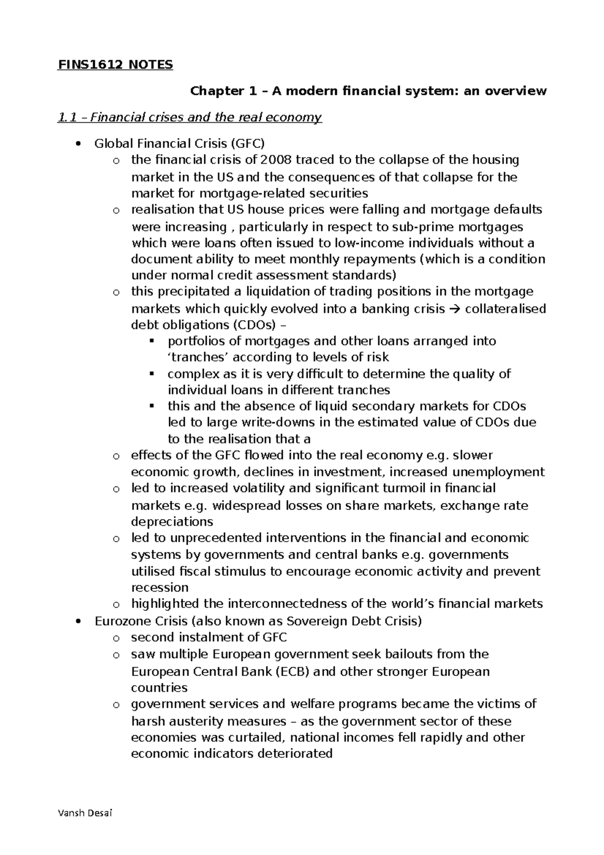 FINS1612 Notes - FINS1612 NOTES Chapter 1 – A modern financial system ...