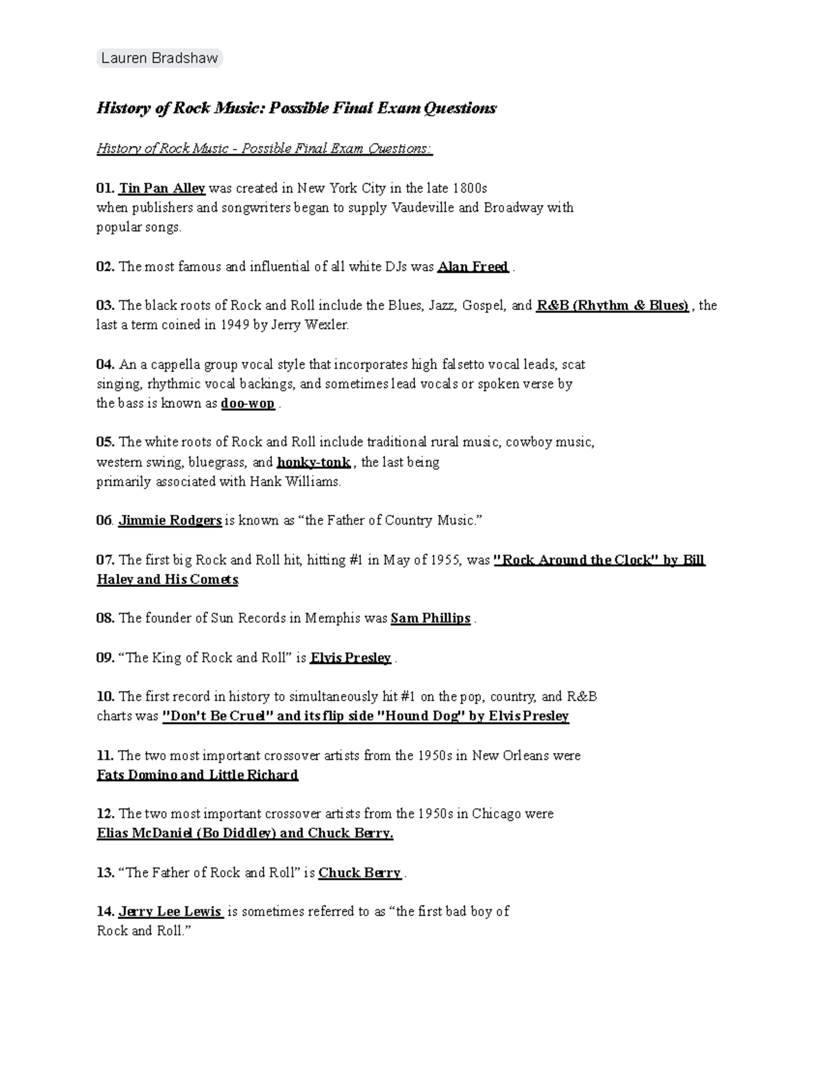 History of Rock Music Possible Final Exam Questions - Tin Pan Alley was ...