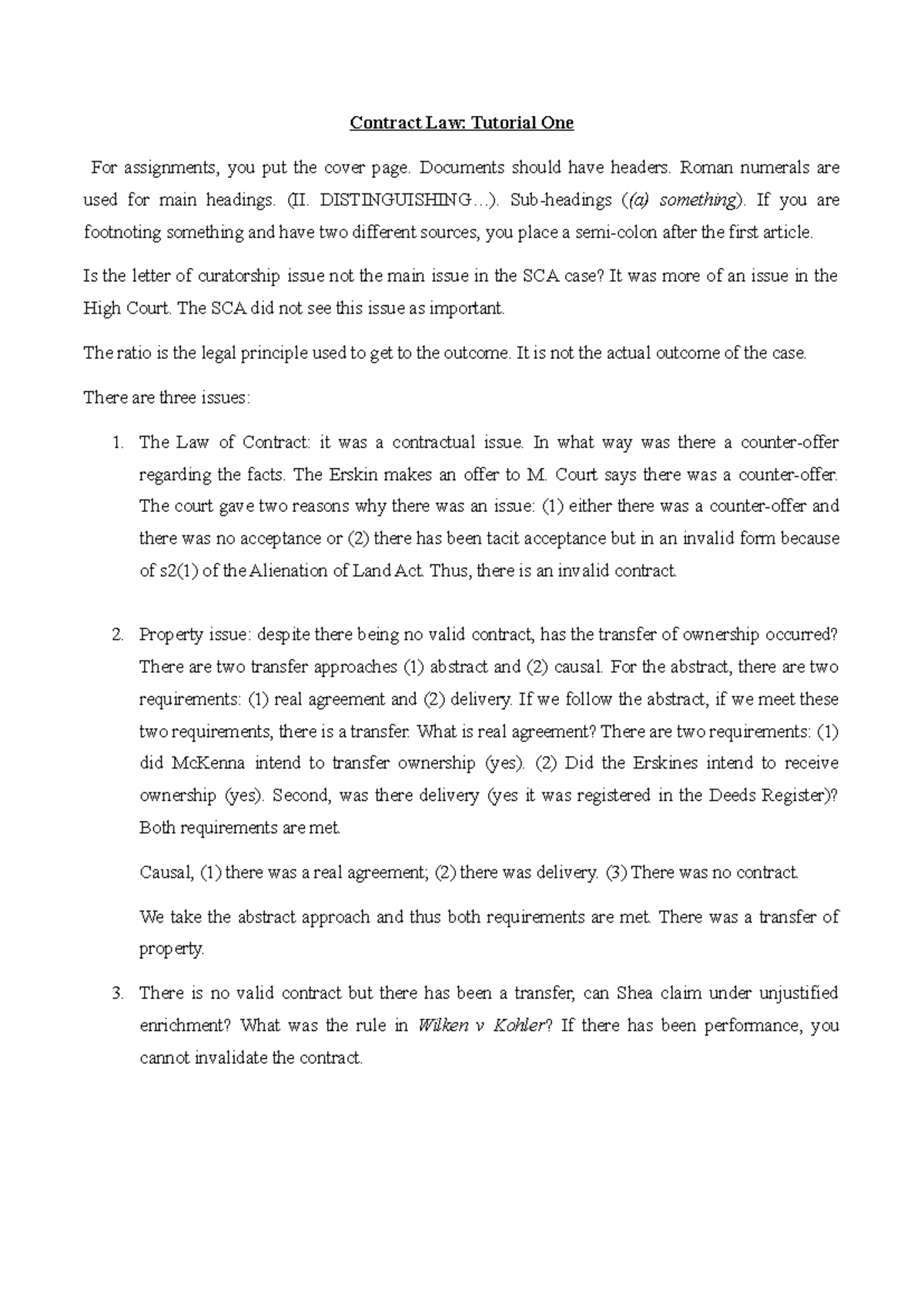 Contract law tutorial 1 - Contract Law: Tutorial One For assignments, you put the cover page ...