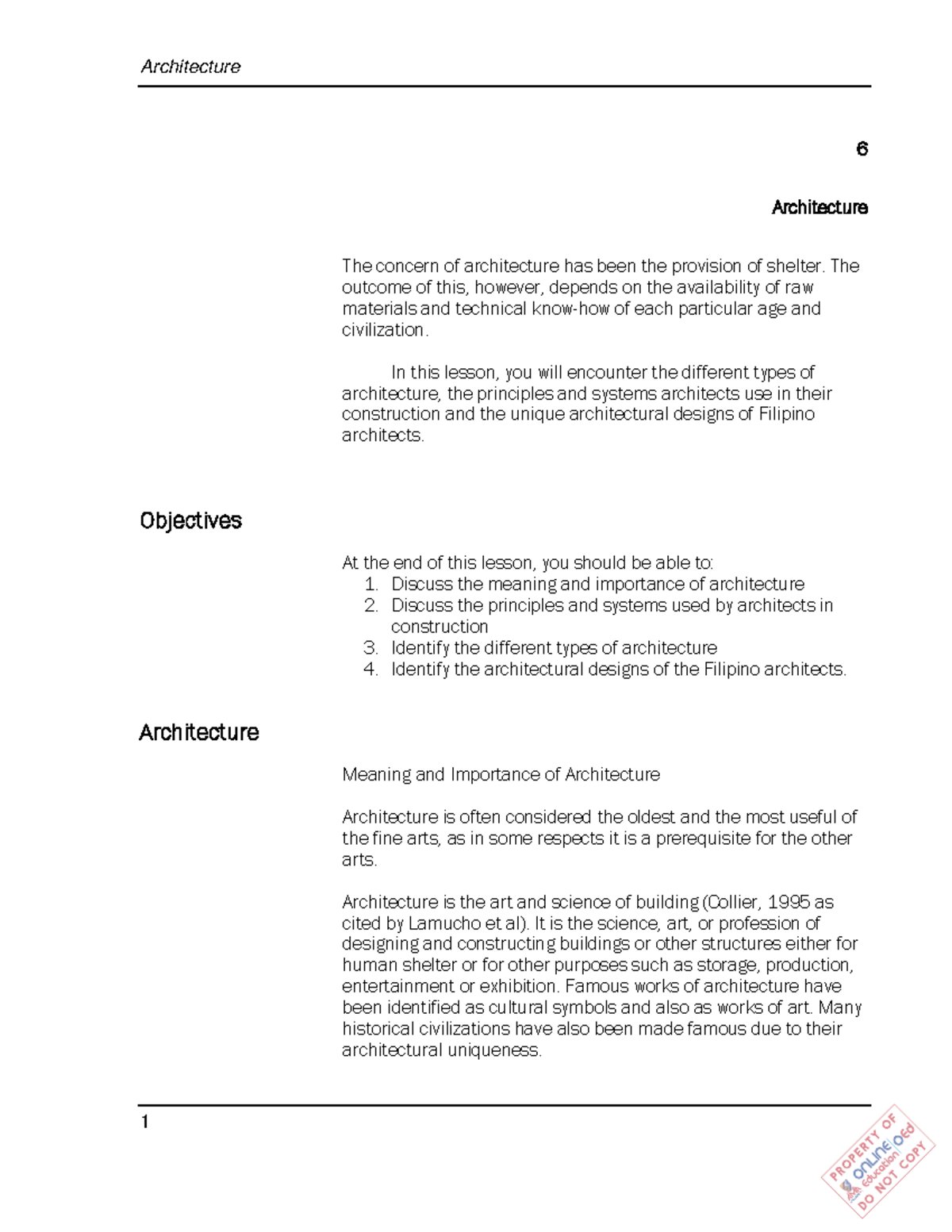 (Week 6) Architecture - ART LECTURE NOTES - 6 Architecture The concern ...