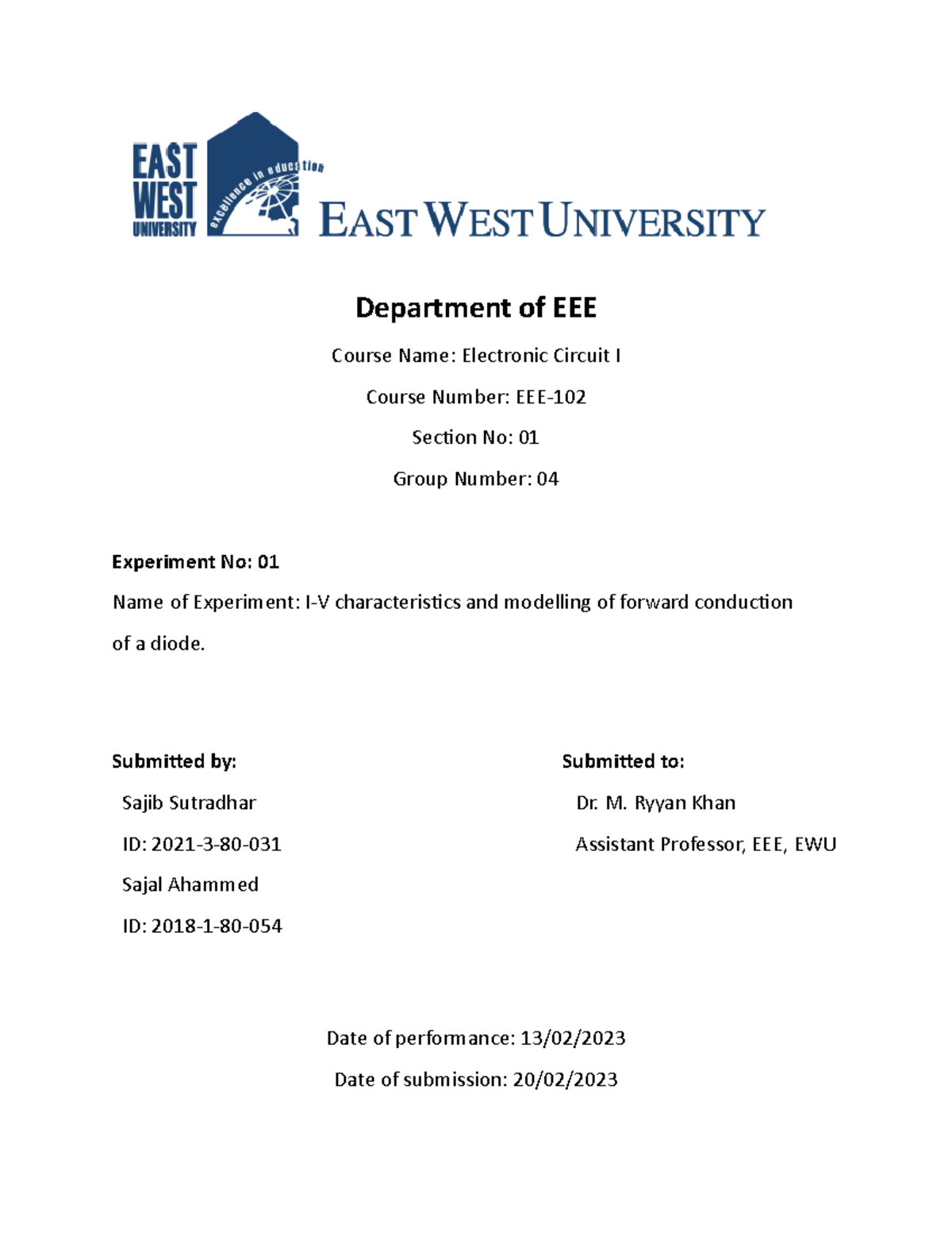 Lab Report 1 - Department of EEE Course Name: Electronic Circuit I ...