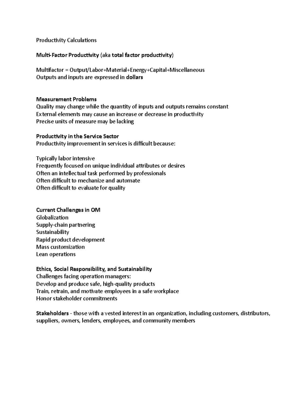 OM 300 Jan 20 - Chapter 1 notes - Productivity Calculations Multi ...