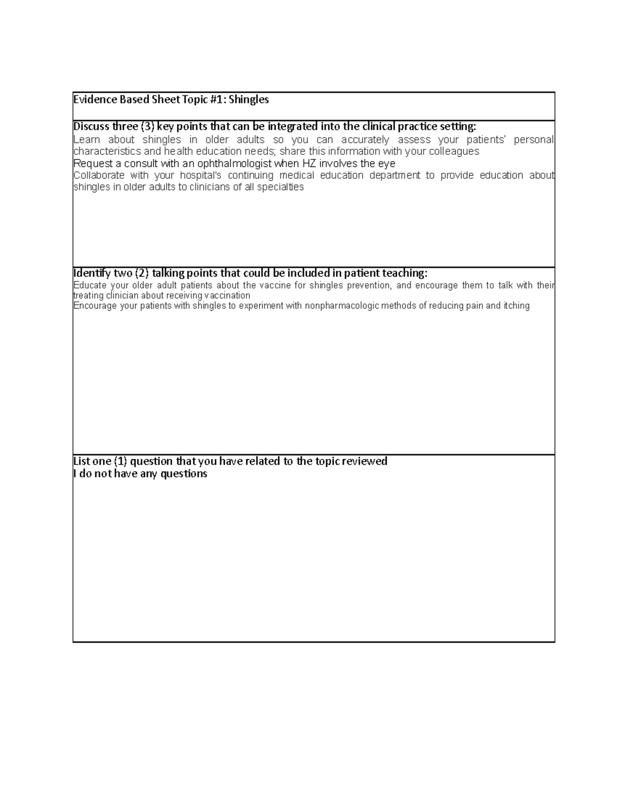 3 2 1 Summary 2 Topics Assigned 2 Evidence Based Sheet Topic 1