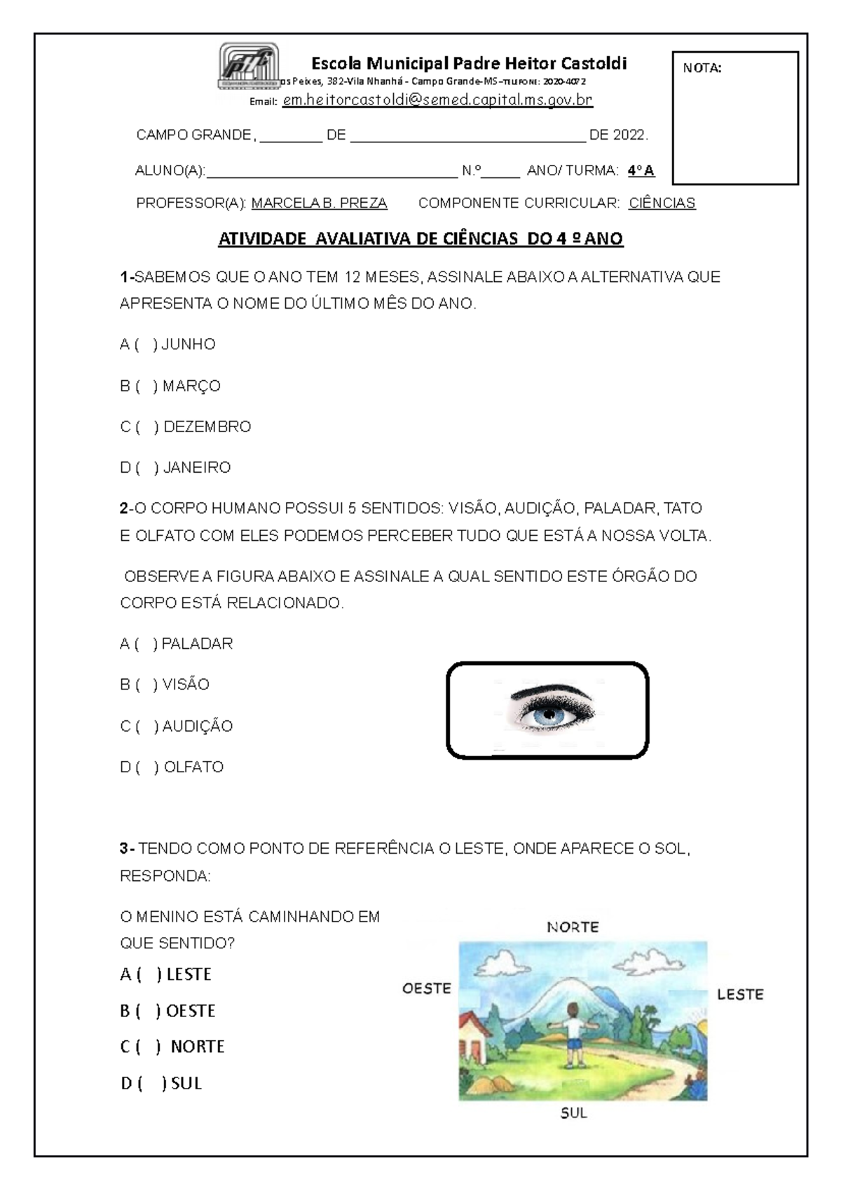 Diagnóstica Ciências 4º ANO- Lauany - Escola Municipal Padre Heitor ...