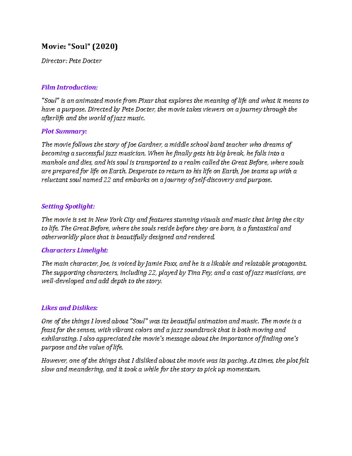 Movie review example - for practice teaching - Movie: "Soul" (2020 ...