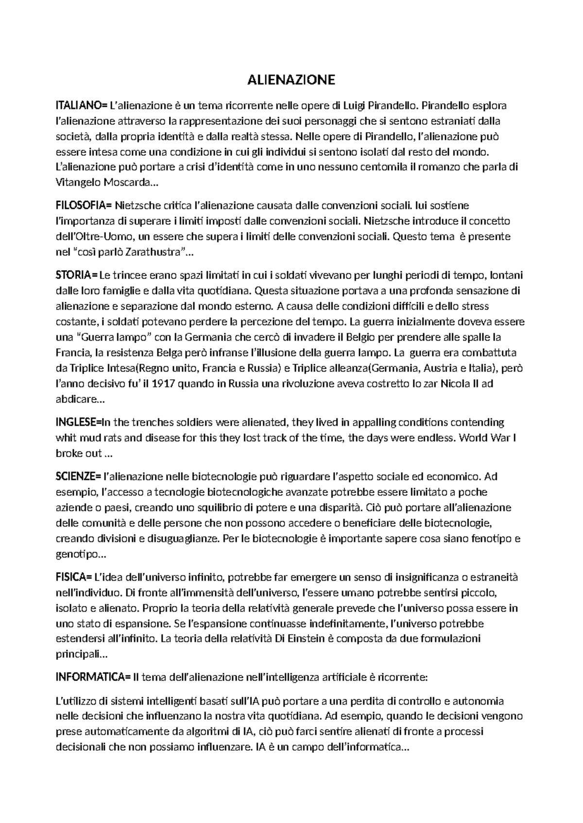 Alienazione - ALIENAZIONE ITALIANO= L'alienazione è un tema ricorrente ...