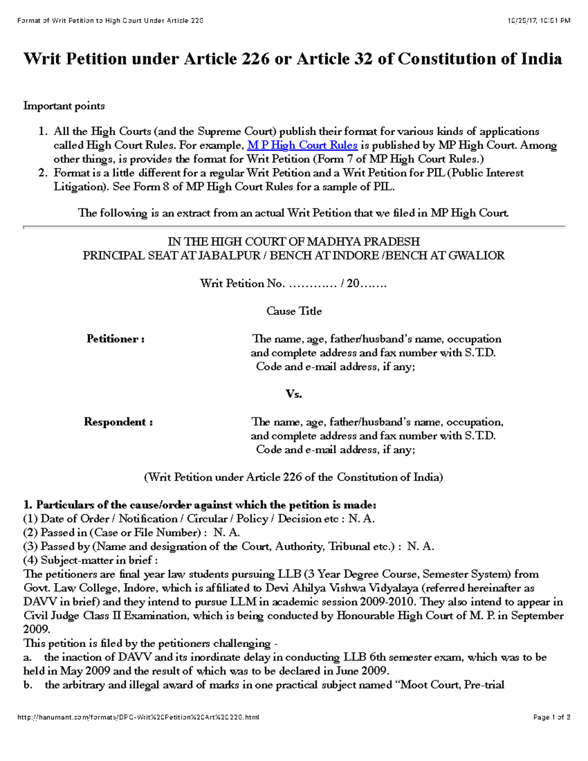 Format of Writ Petition to High Court Under Article 226 - html Page 1 of 3 Writ Petition under ...