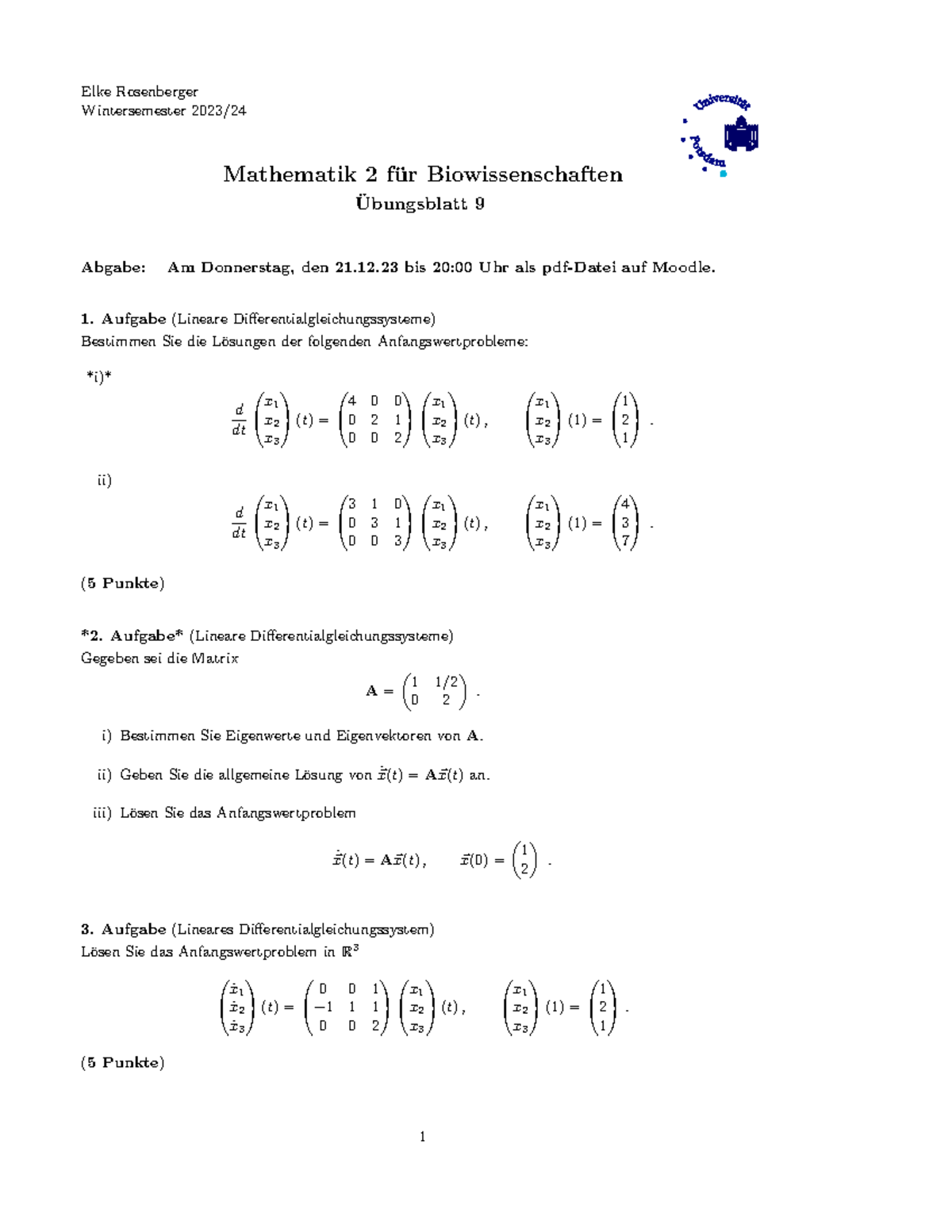 Mathe 2bio-09-23 - Hausaufgabe 9 Ohne Lösung - Elke Rosenberger ...