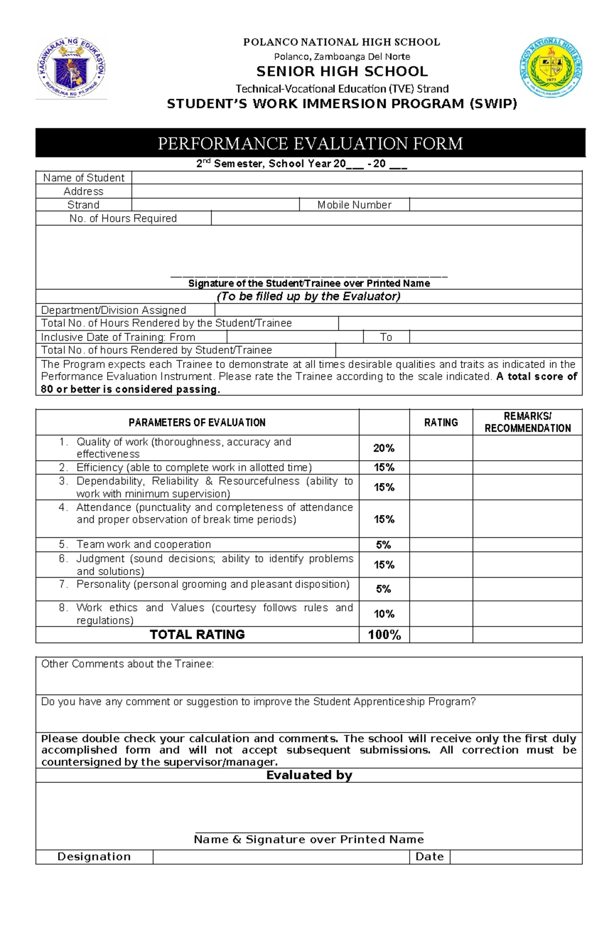Performance-Evaluation-Form - POLANCO NATIONAL HIGH SCHOOL Polanco, Zamboanga Del Norte SENIOR ...