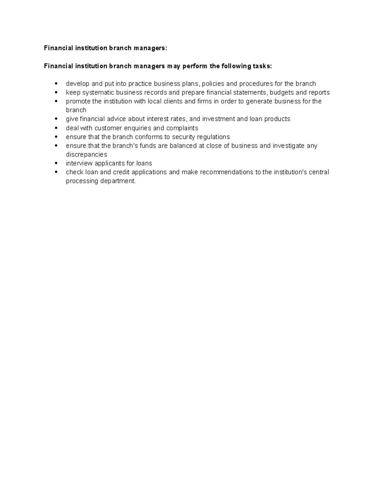 Financial Institution Branch Manager Task - Financial institution ...