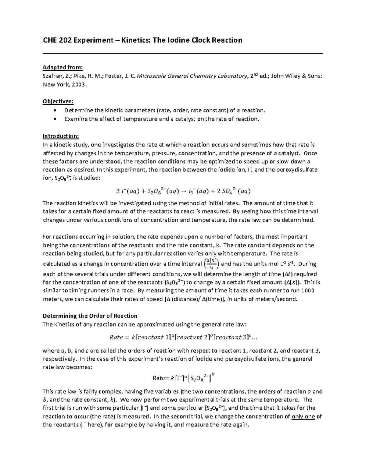 CHE+202+Kinetics New S22 LAB-1 - Adapted from: Szafran, Z.; Pike, R. M ...