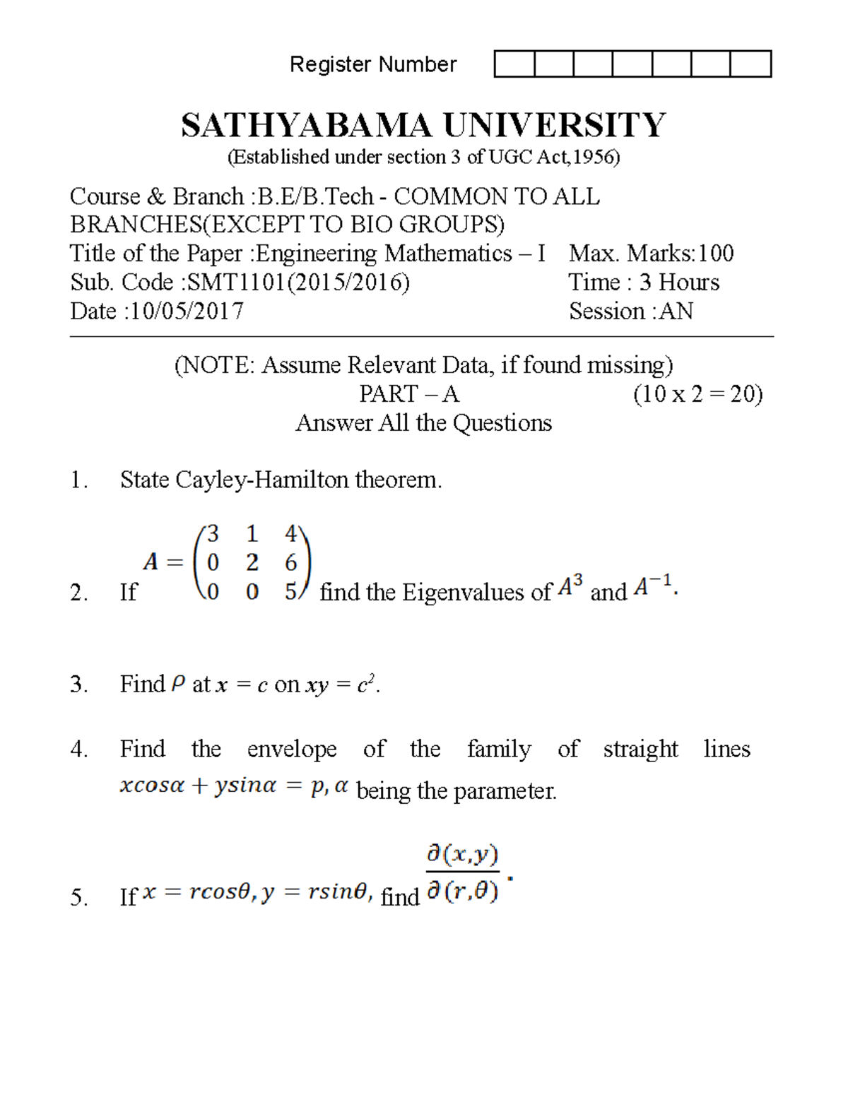 Engineering maths 1 - Question papers - Register Number SATHYABAMA ...
