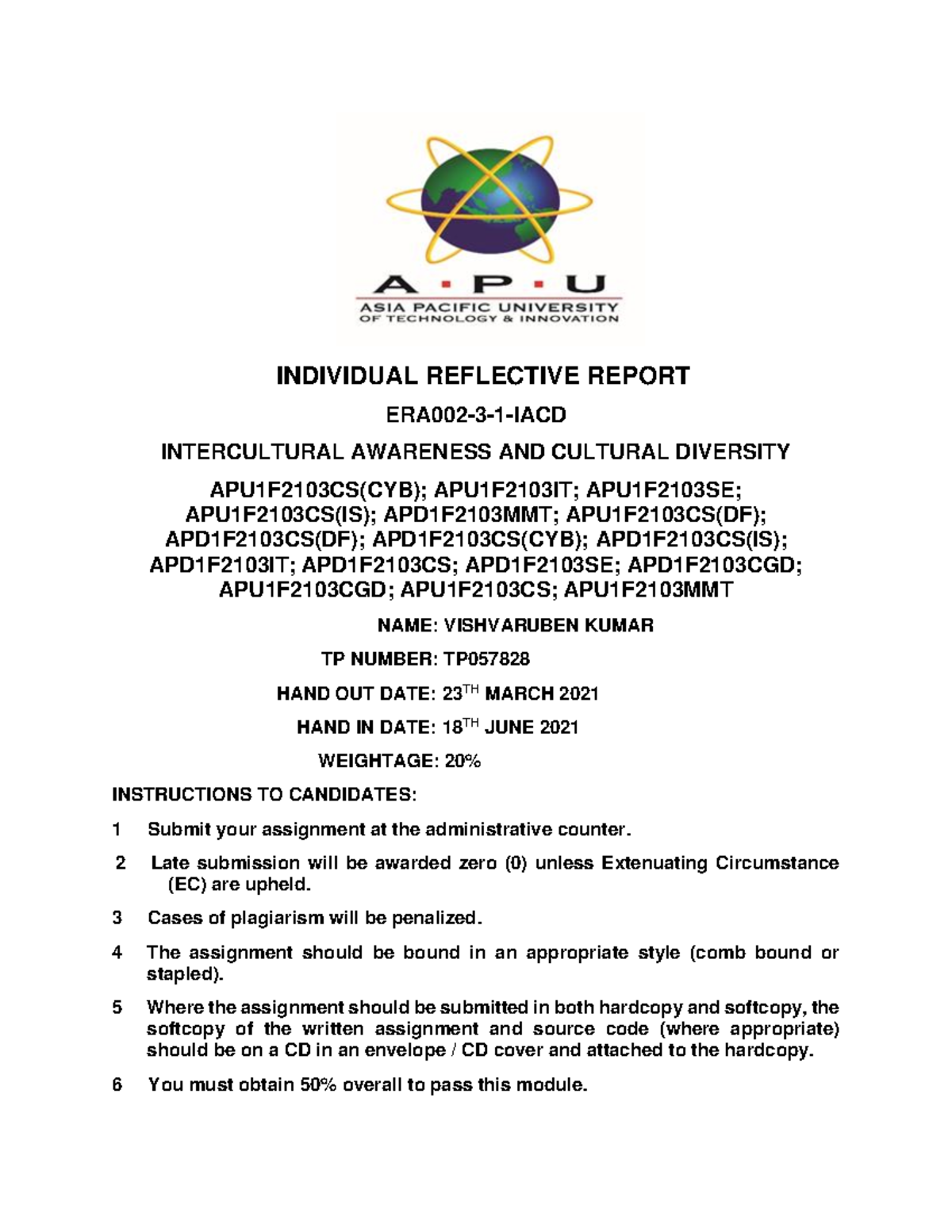 Reflective Report - essay - INDIVIDUAL REFLECTIVE REPORT ERA002-3-1 ...