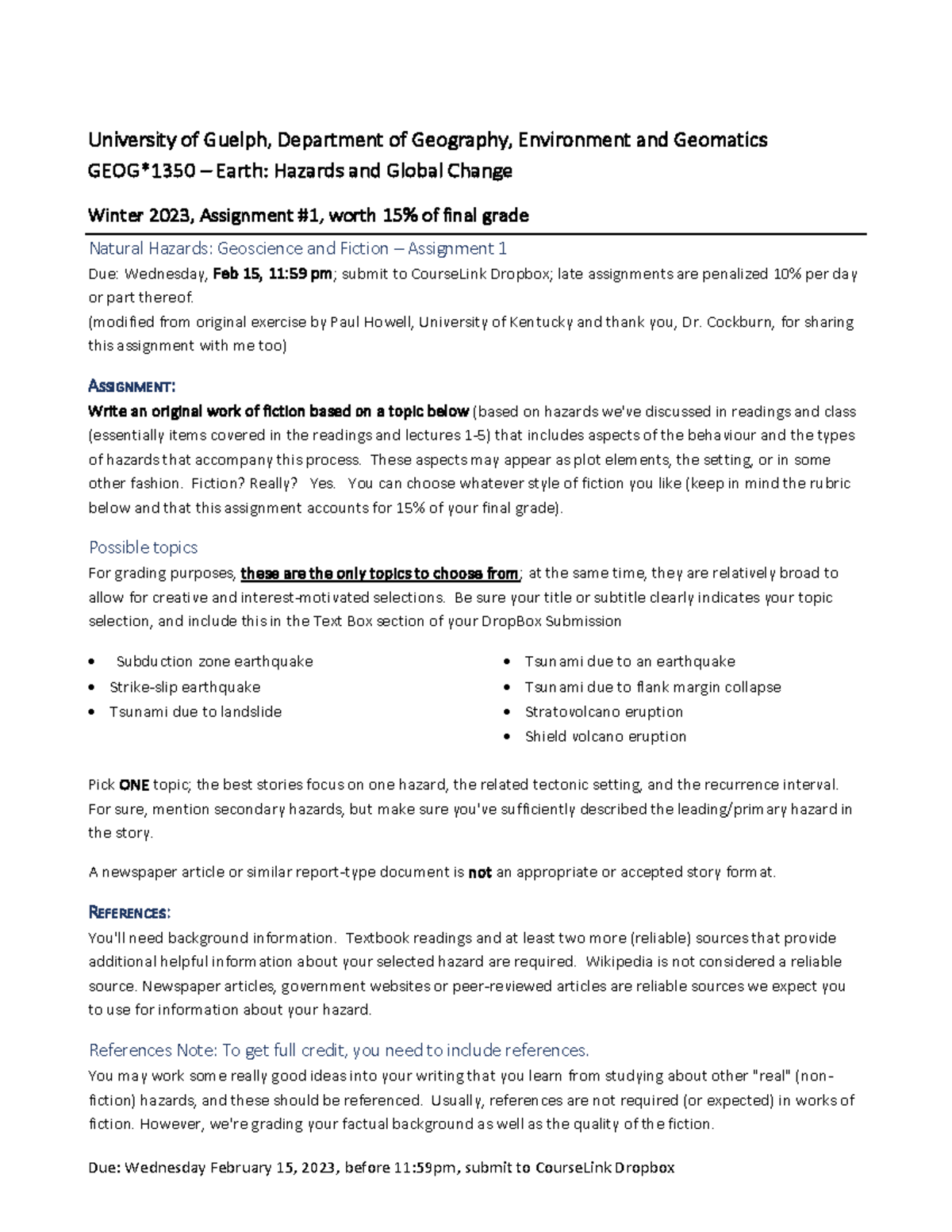 Assignment 1 -Geo Fiction - Due: Wednesday February 15, 2023, before 11 ...