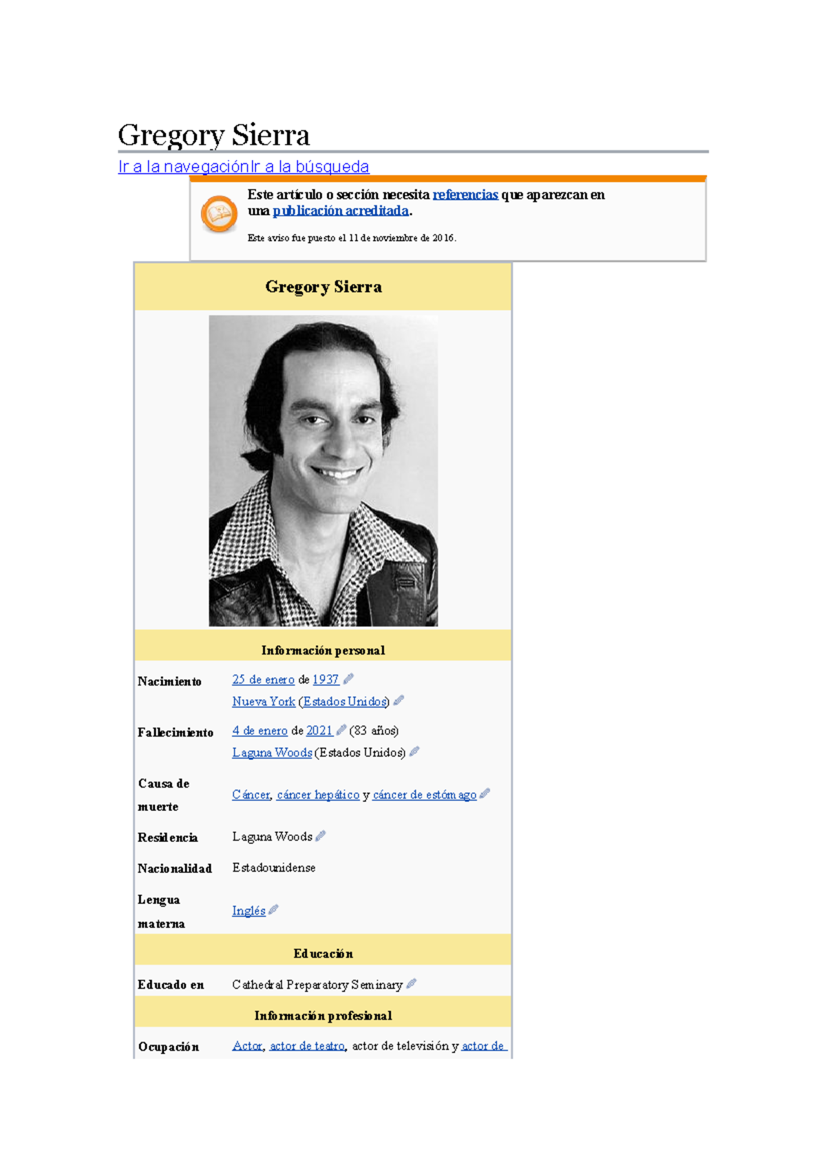 Gregory Sierra - resumen - Gregory Sierra Ir a la navegaciónIr a la búsqueda Este artículo o ...