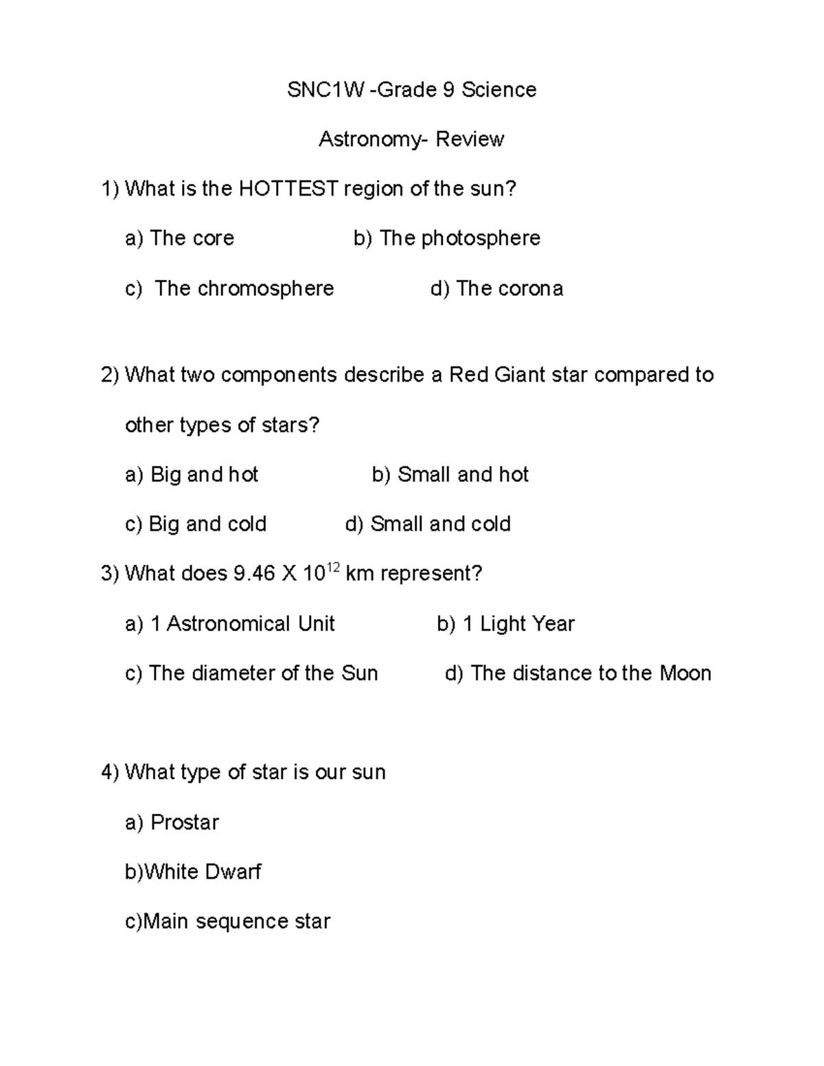 2024-Astronomy- Review - SNC1W -Grade 9 Science Astronomy- Review What ...