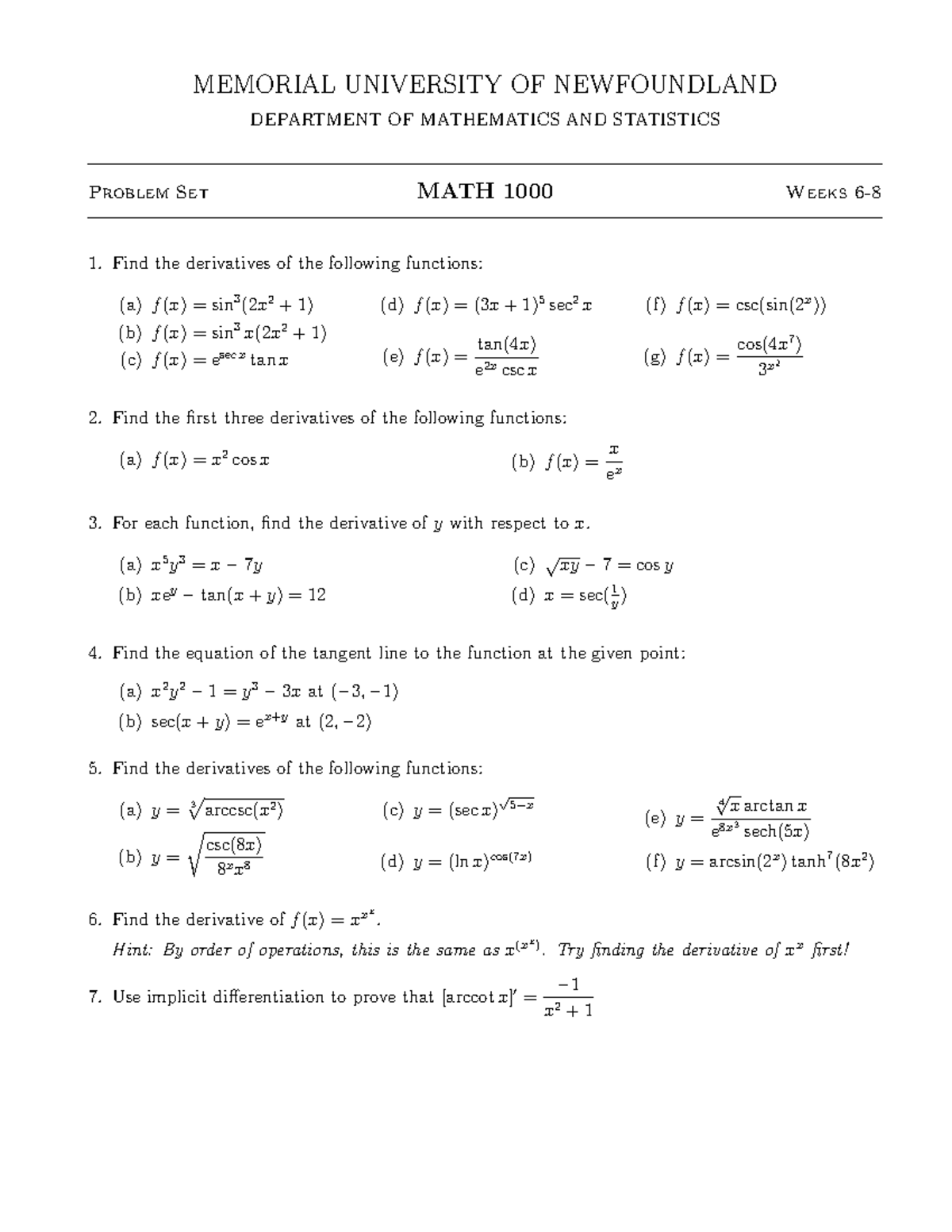 Problems Week 6-8 - MEMORIAL UNIVERSITY OF NEWFOUNDLAND DEPARTMENT OF ...