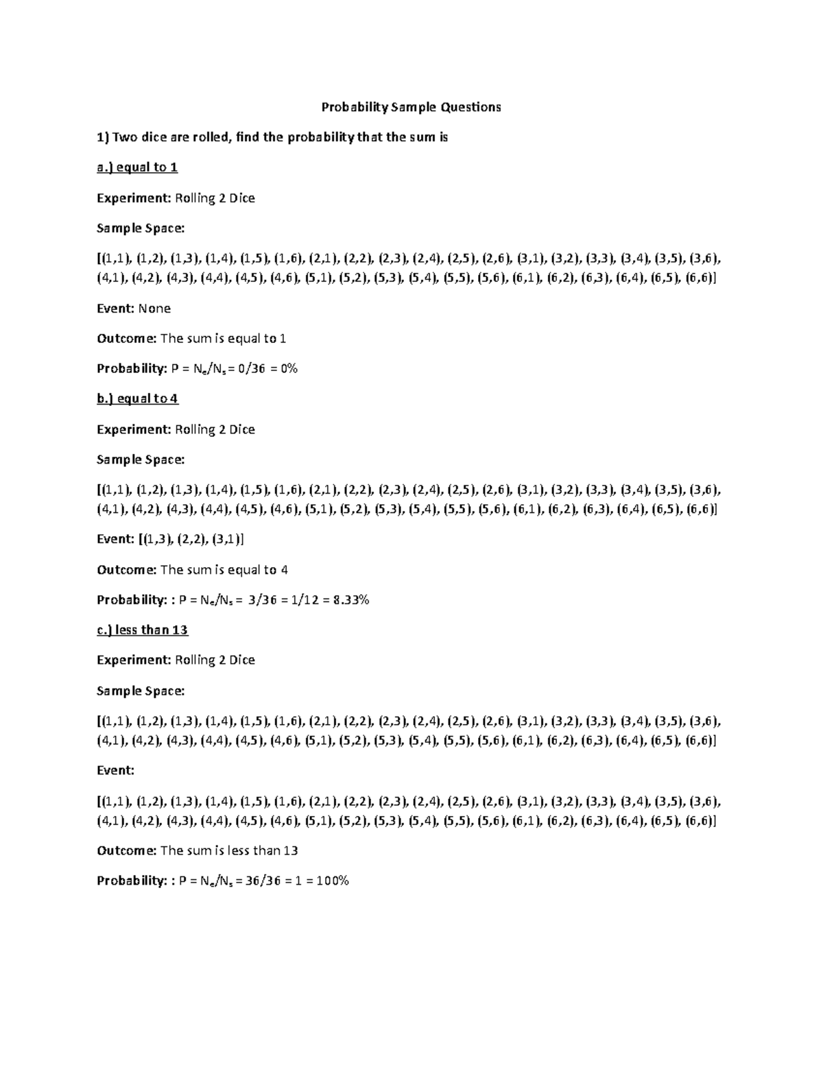 Probability Sample Questions - **Probability Sample Questions Two dice ...