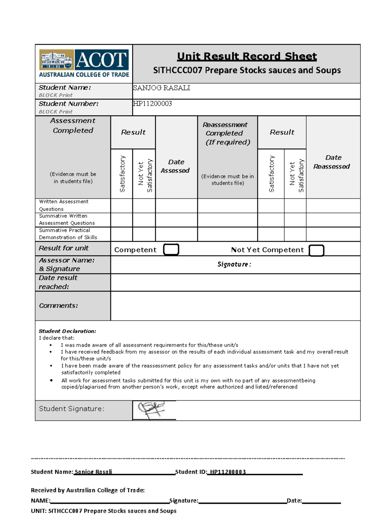 Sithccc 007-sanjog(HP112000 03) - Unit Result Record Sheet SITHCCC007 ...