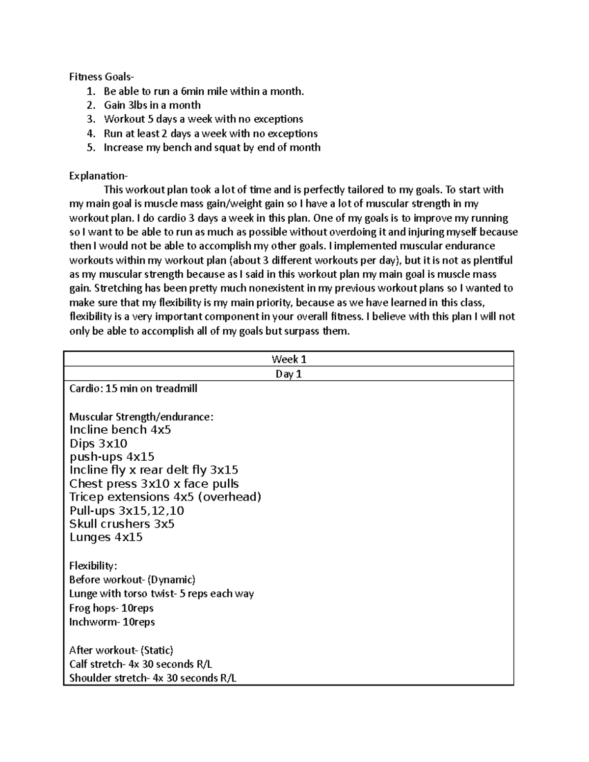 Fitness Plan Assignment Fitness Goals 1 Be Able To Run A 6min Mile